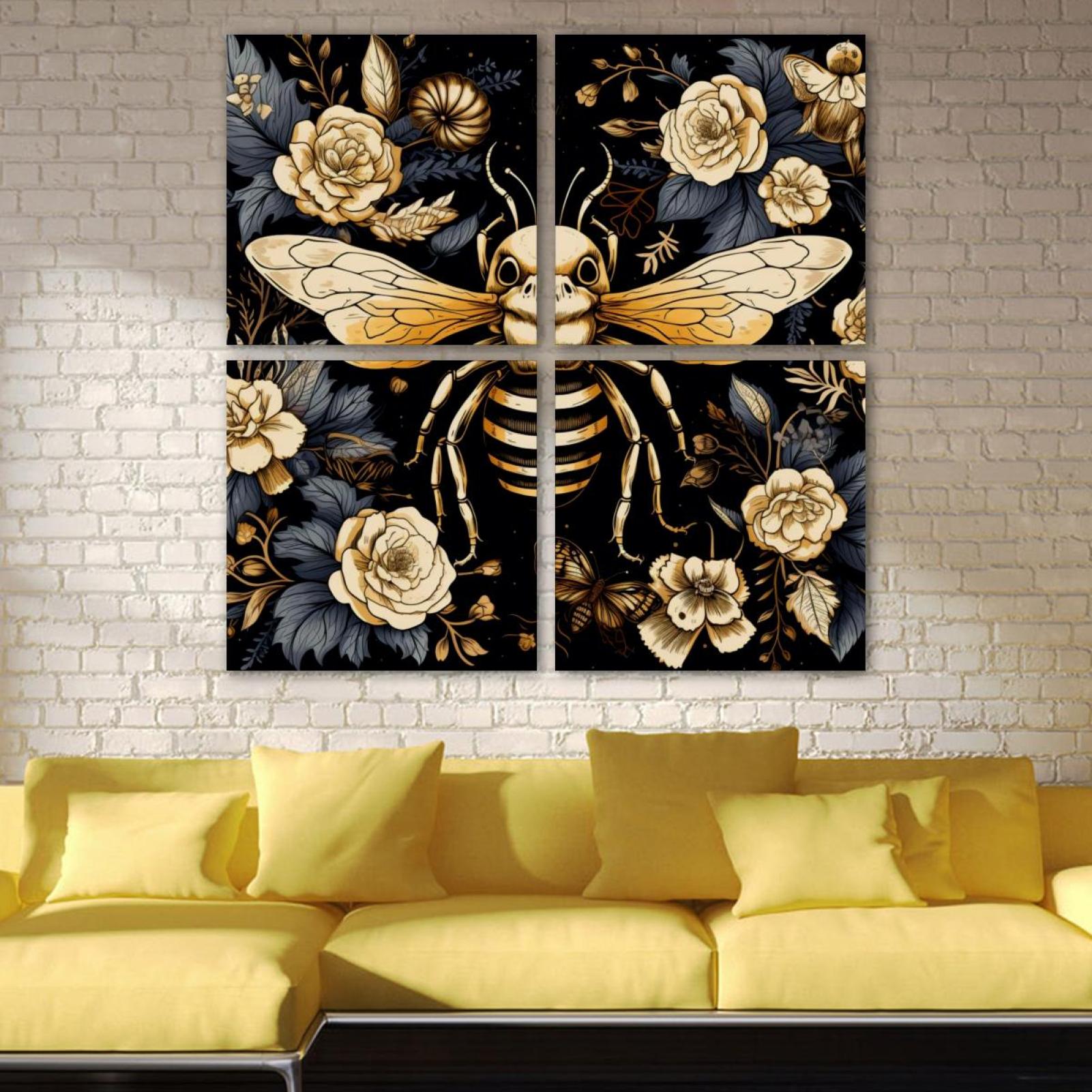 OWNSERIES Bees Pattern 4PC Frameless Canvas Wall Art Paintings for ...