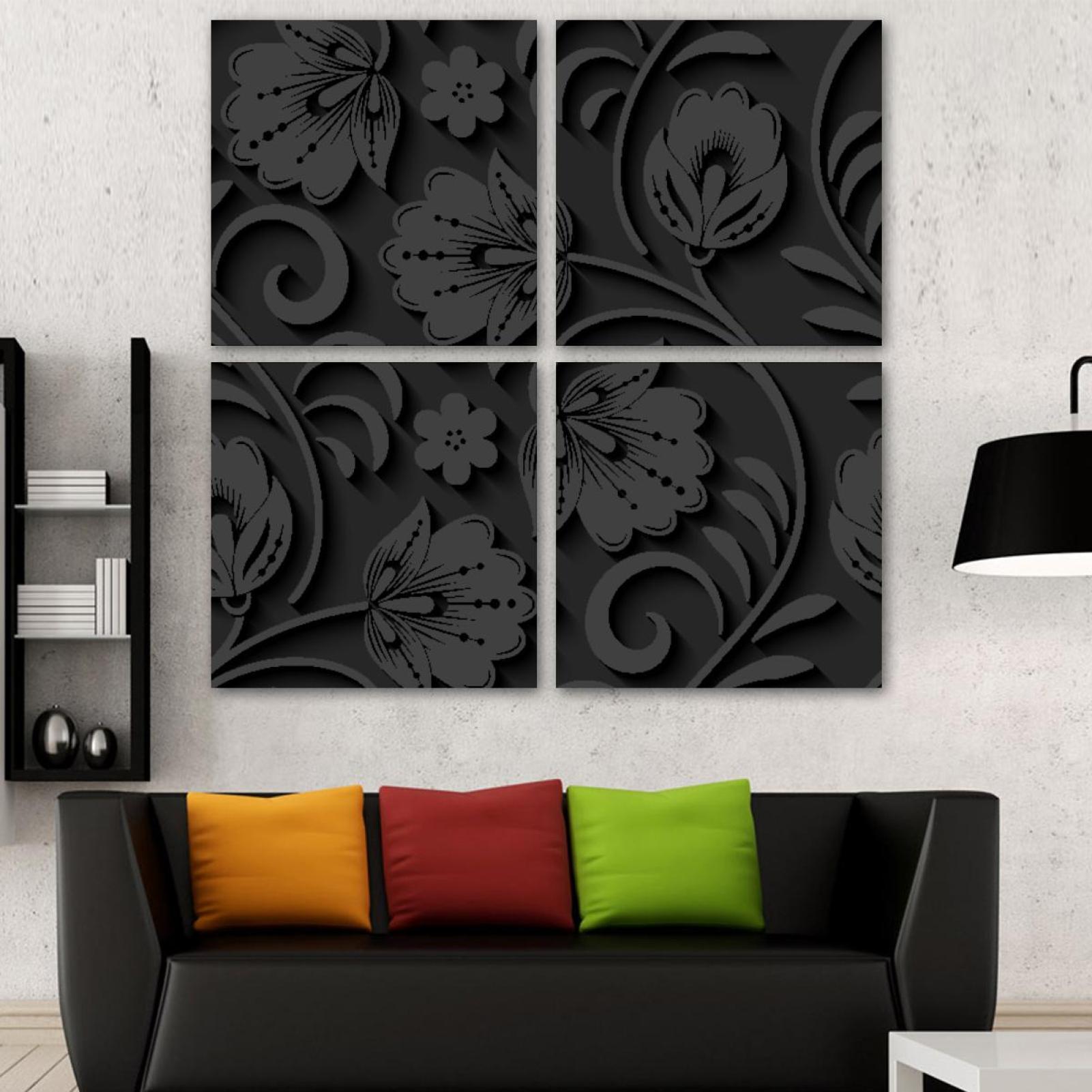 OWNSERIES Black 3D Flower Leaves Pattern Pattern 4PC Frameless Canvas ...