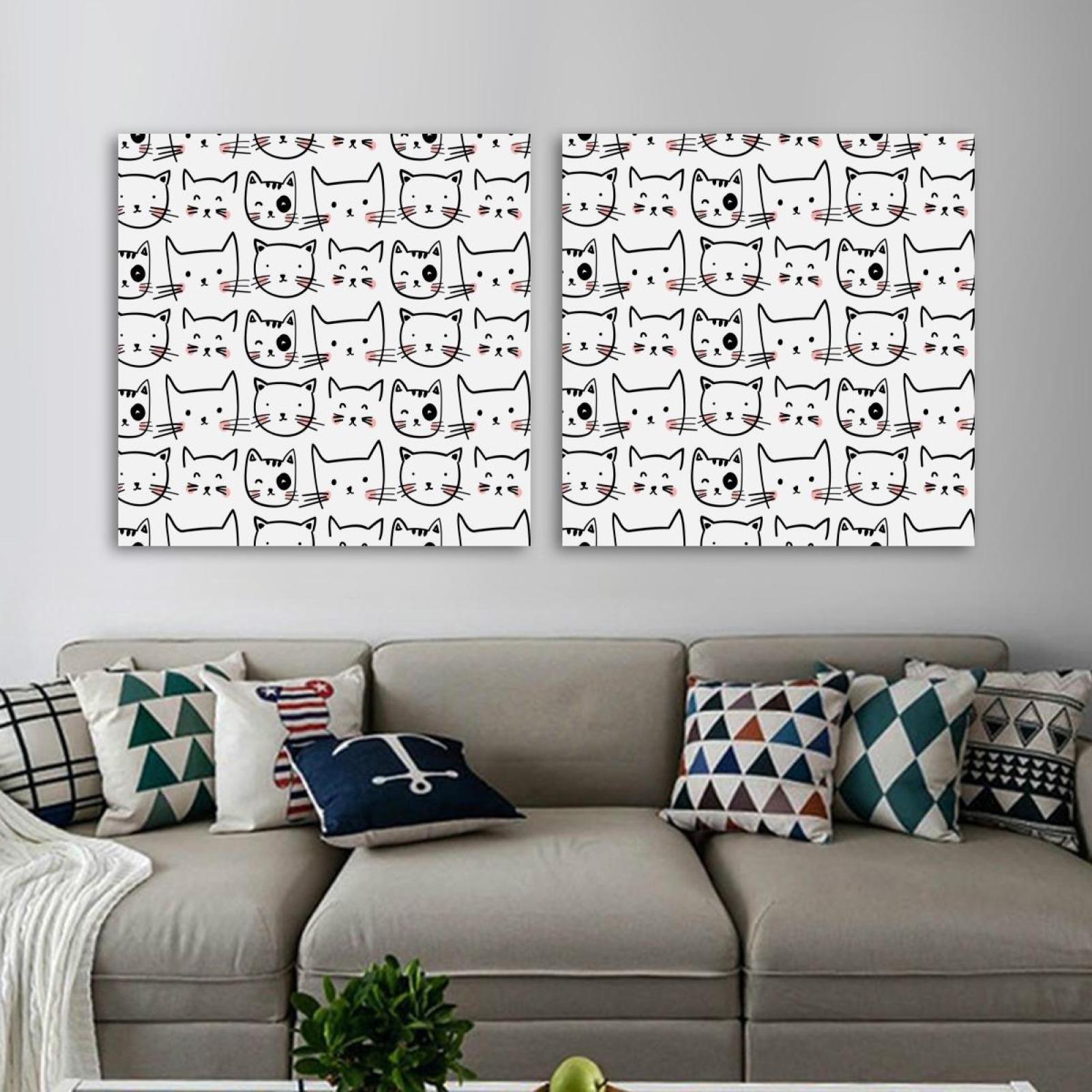 OWNSERIES Black Outline Cat Faces Pattern 2PC Canvas Wall Art Paintings for Living Room - Canvas ...