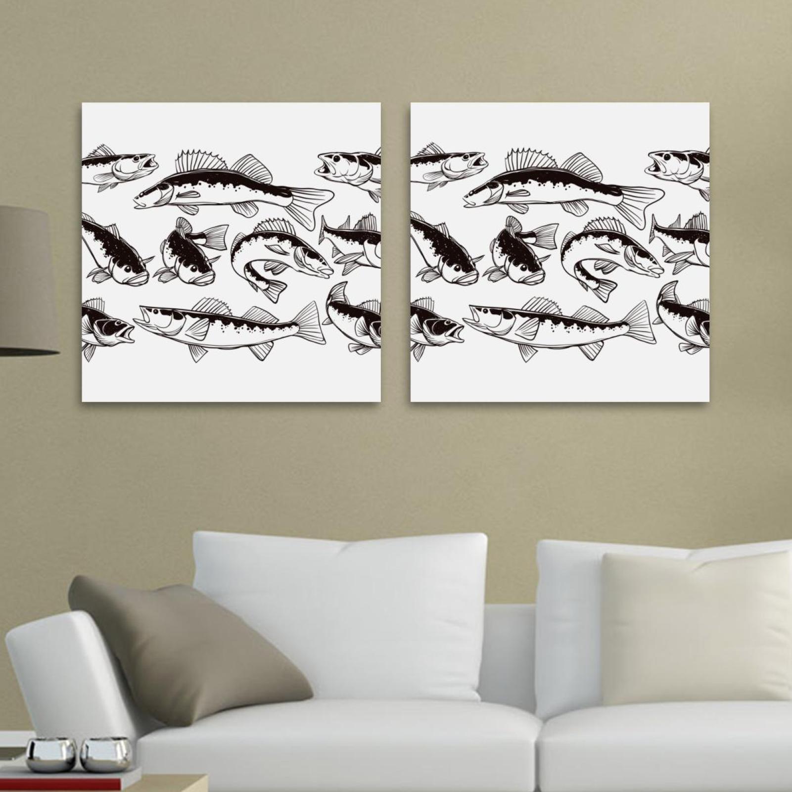 OWNSERIES Black White Hand Draw Walleye Fishes Pattern 2PC Canvas Wall ...
