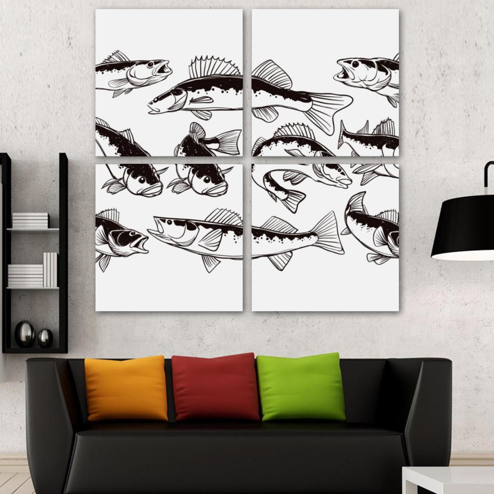 OWNSERIES Black White Hand Draw Walleye Fishes Pattern 4PC Frameless ...