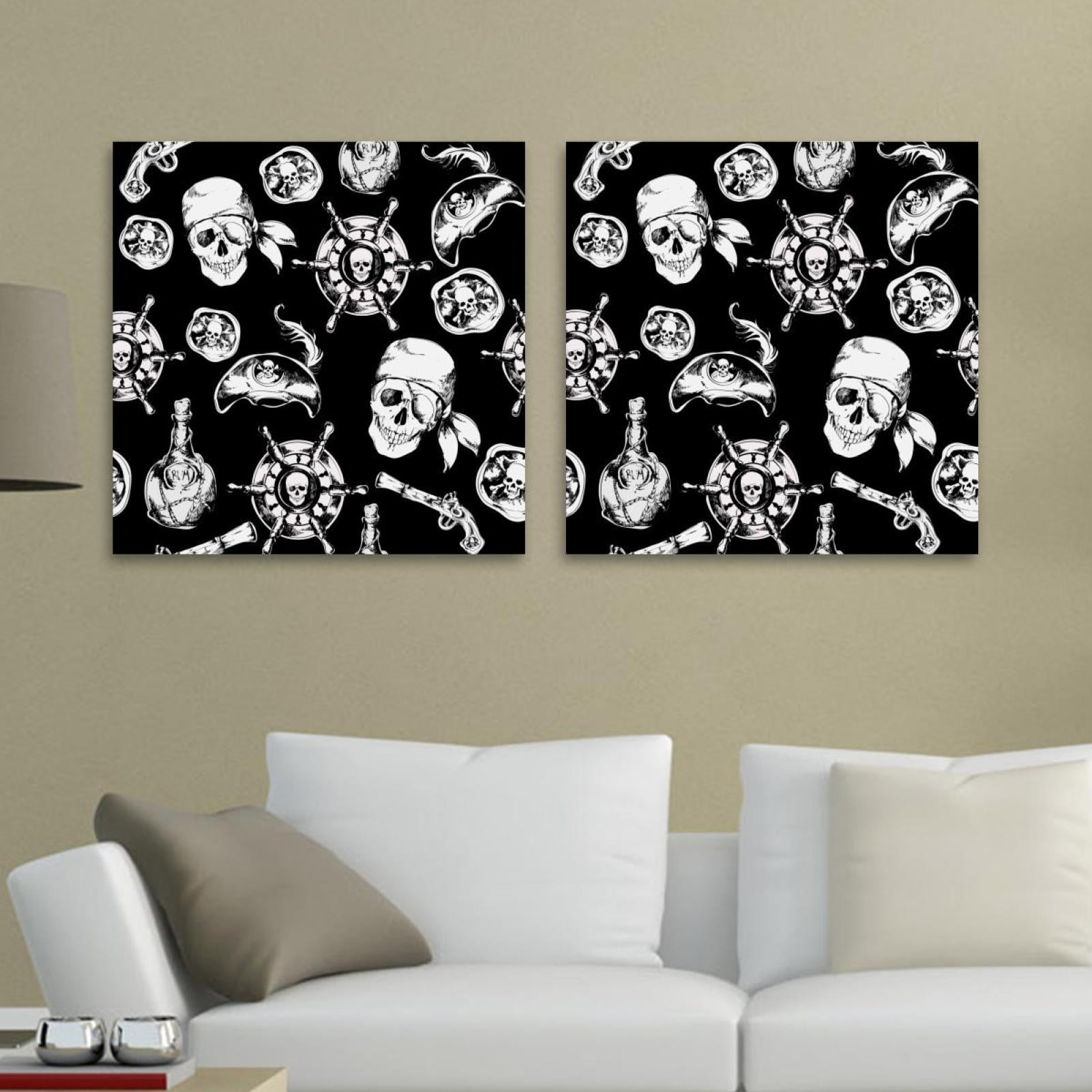 OWNSERIES Black White Pirate Nautical Skull Pattern 2PC Canvas Wall Art ...