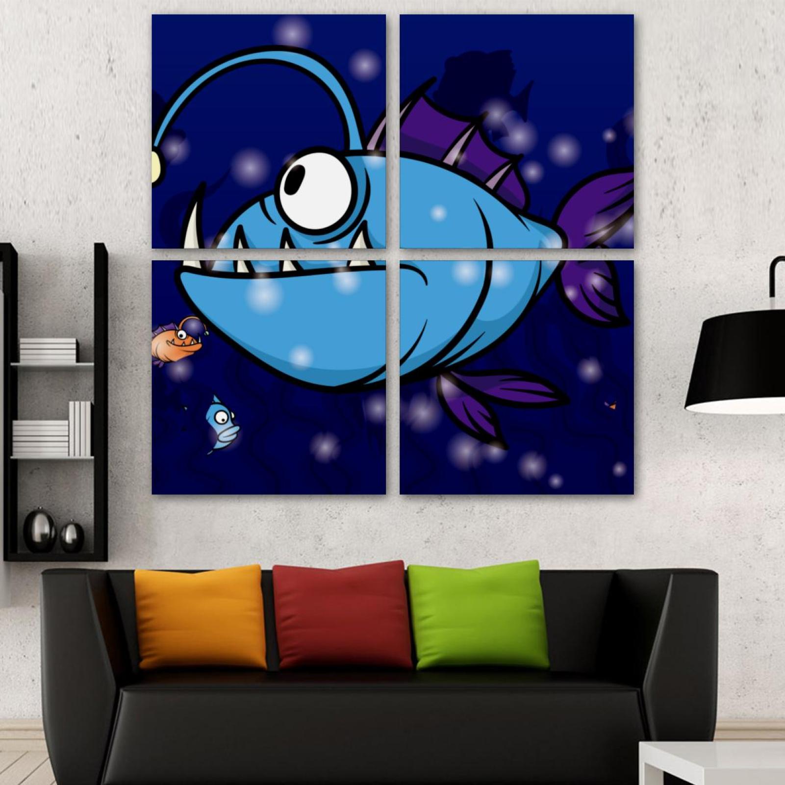 OWNSERIES Blue Angler Fish Pattern 4PC Frameless Canvas Wall Art ...