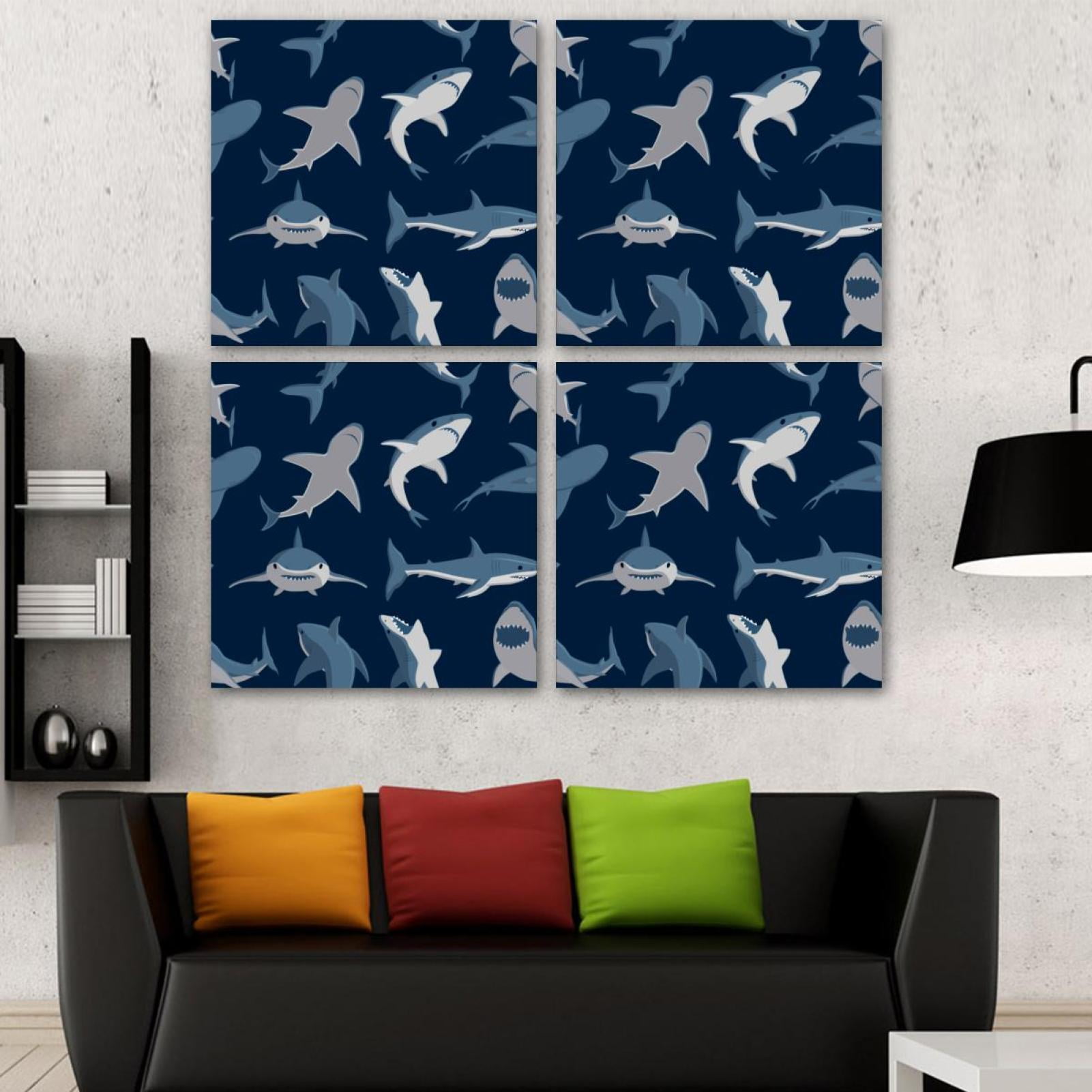 OWNSERIES Blue Sharks Pattern Navy Background Pattern 4PC Frameless ...