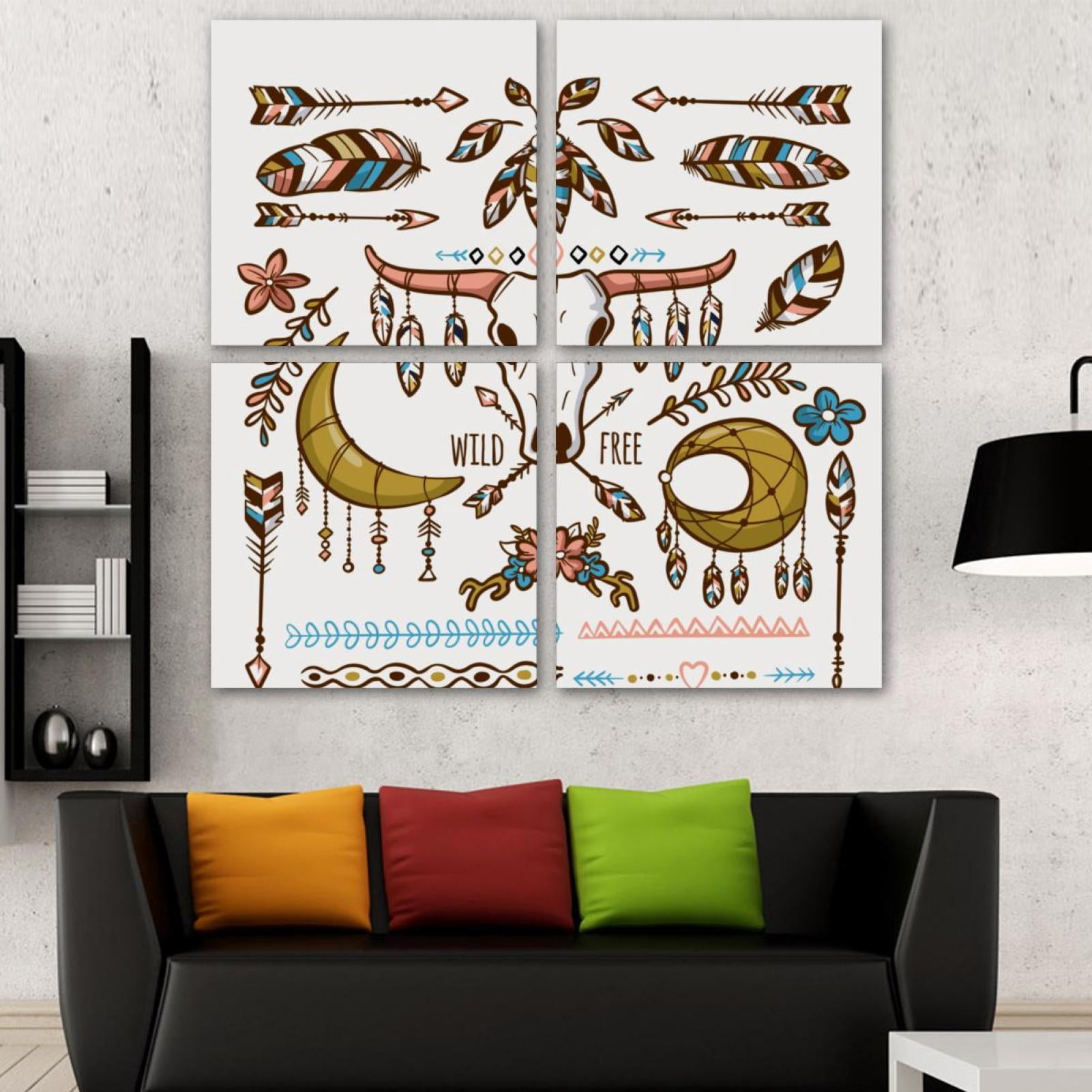 OWNSERIES Boho Wild Animal Skull Head Feather Pattern 4PC Frameless Canvas Wall Art Paintings ...
