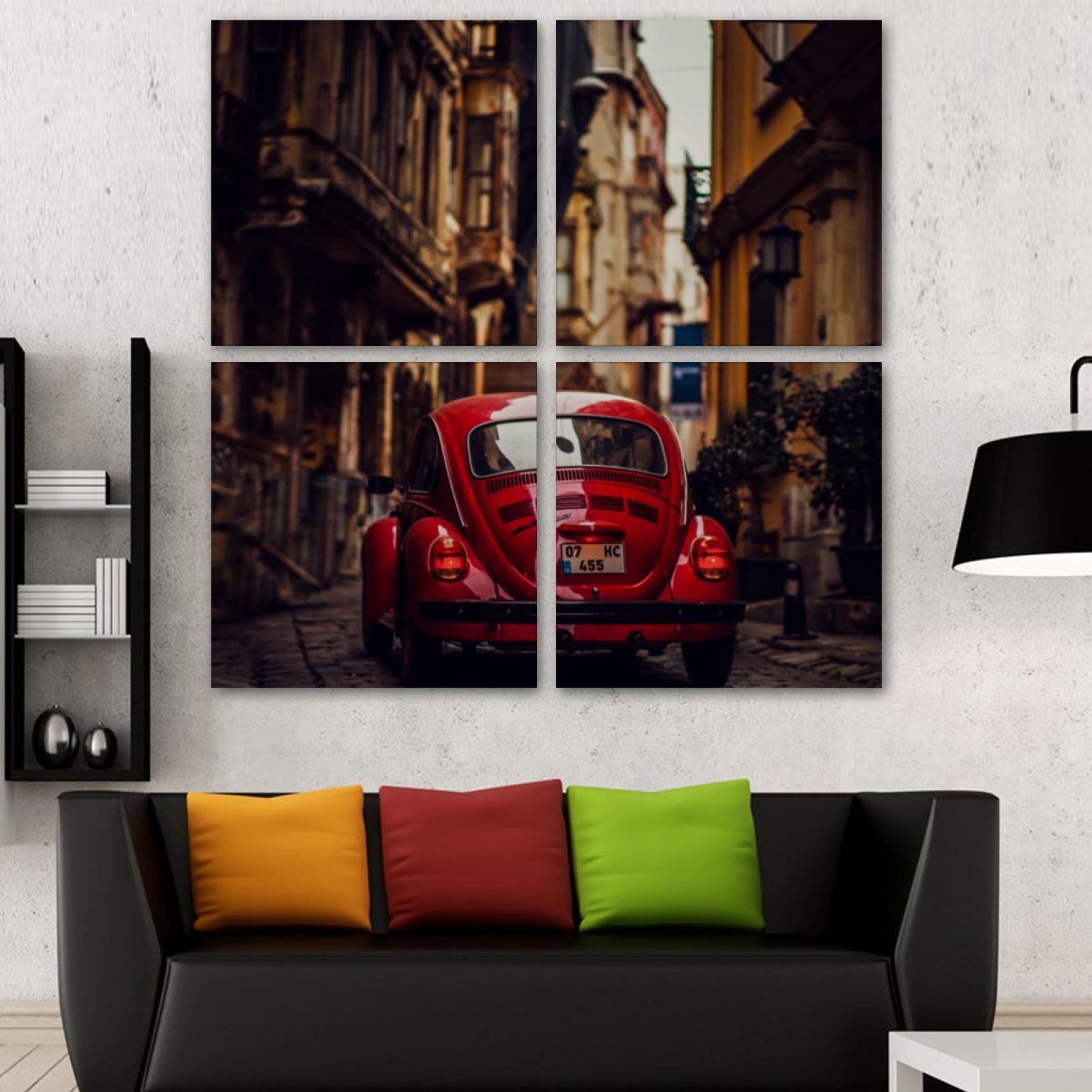 OWNSERIES Buildings Red Car Pattern 4PC Frameless Canvas Wall Art ...