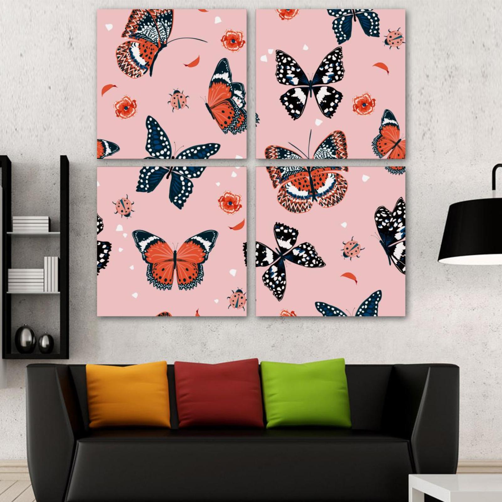 OWNSERIES Butterfly Pink Pattern 4PC Frameless Canvas Wall Art Paintings for Living Room Canvas ...