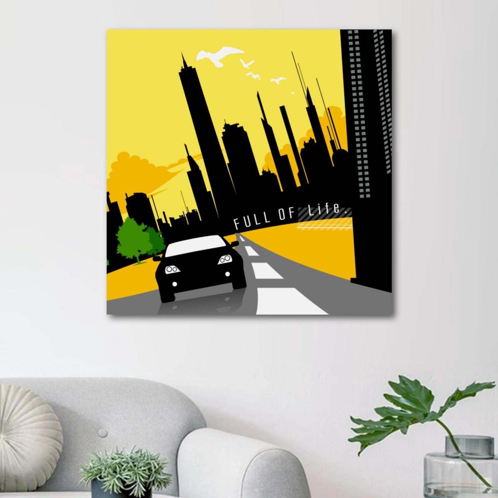 OWNSERIES Car Silhouette Driving on City Road Pattern Canvas Wall Art ...