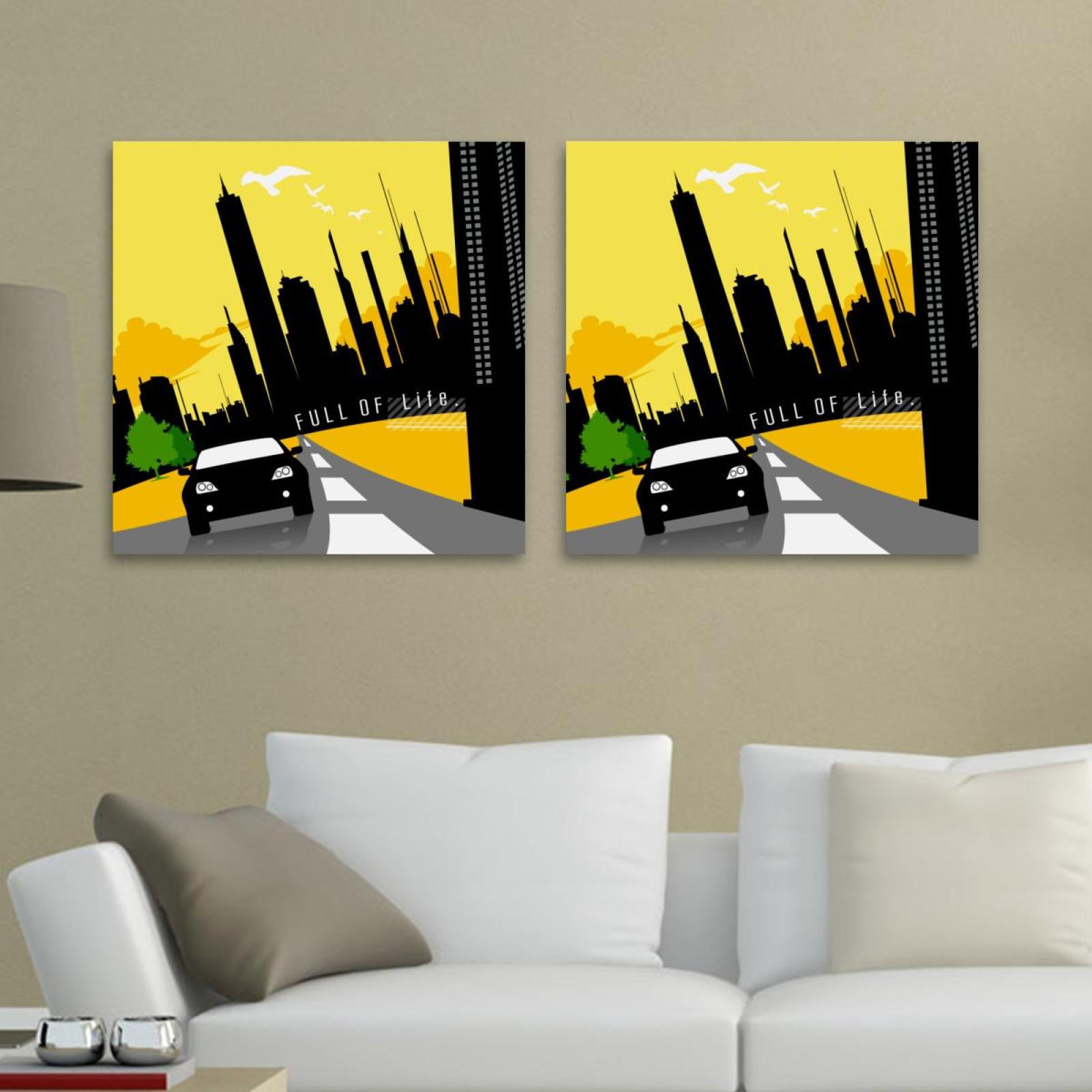 OWNSERIES Car Silhouette Driving on City Road Pattern 2PC Canvas Wall ...