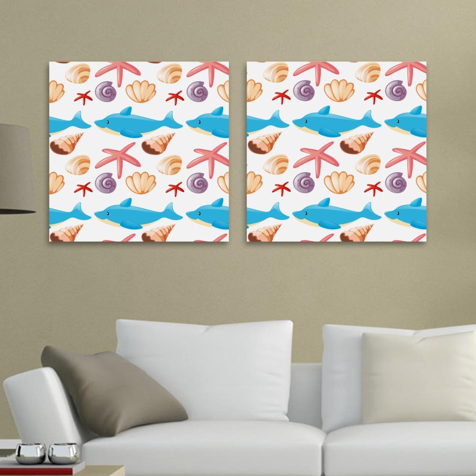 OWNSERIES Cartoon Dolphins Seashells Starfish Pattern 2PC Canvas Wall ...