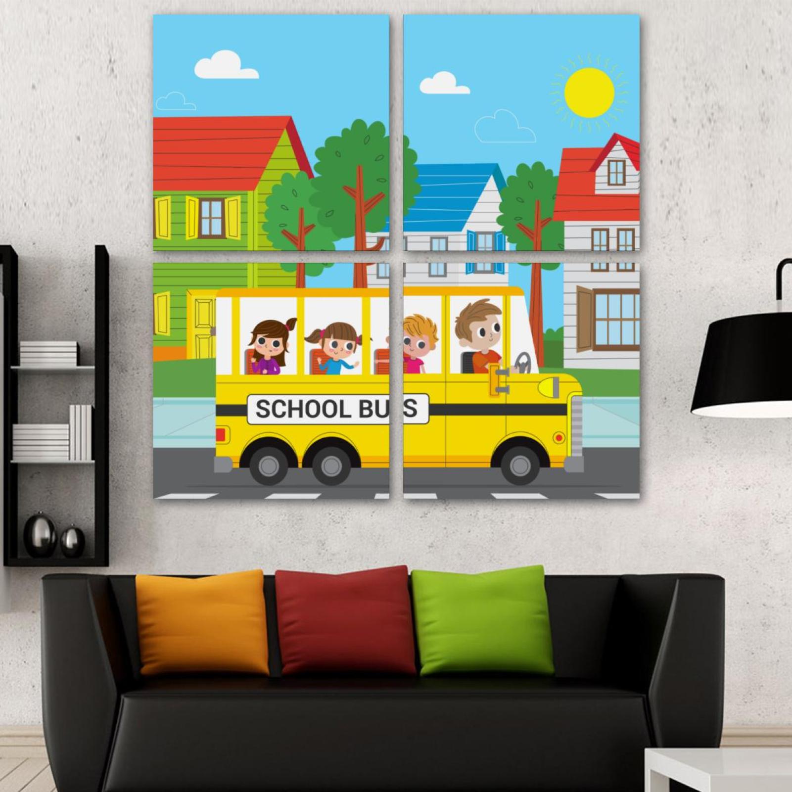 OWNSERIES Cartoon Kids School Bus Pattern Pattern 4PC Frameless Canvas ...
