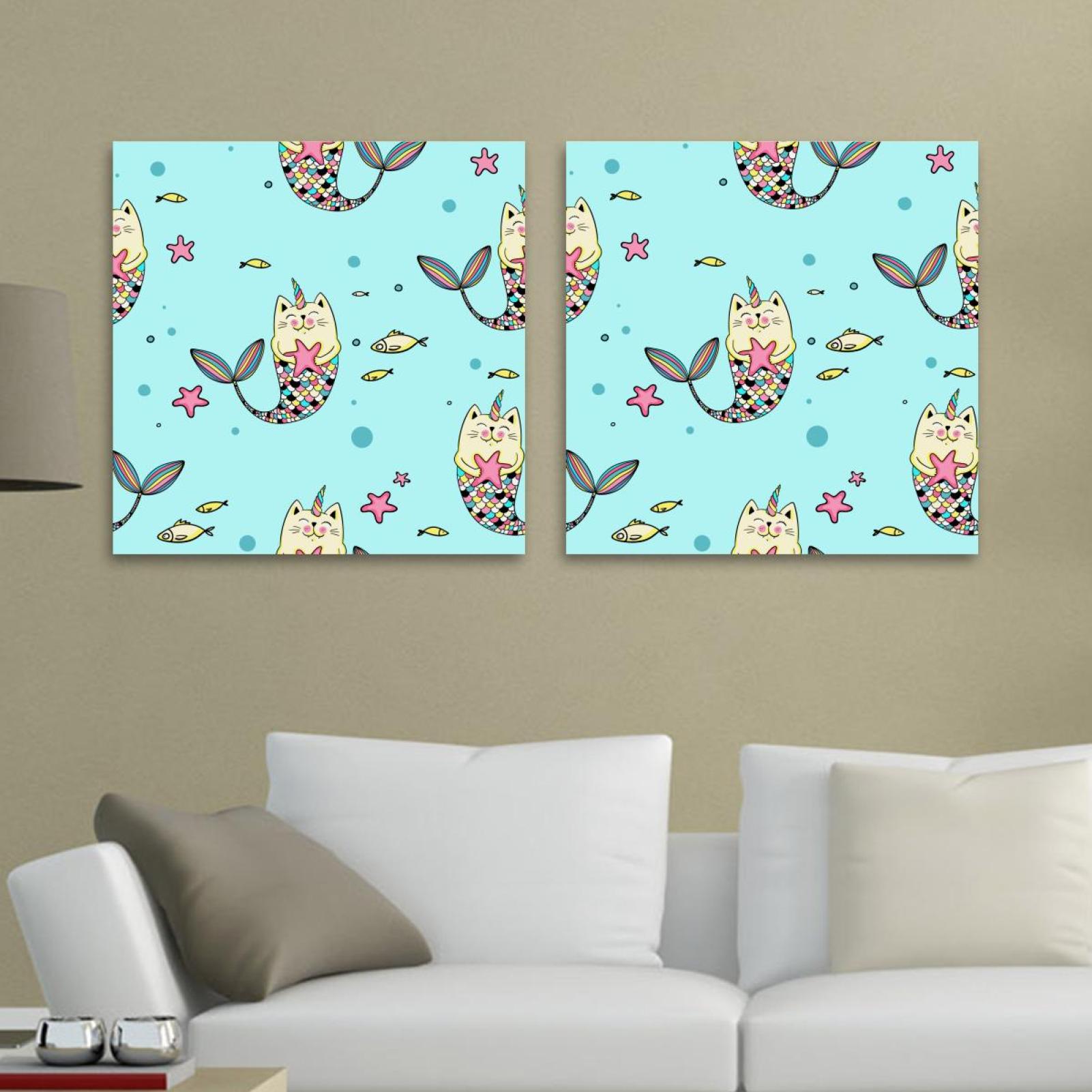 OWNSERIES Cartoon Mermaid Unicorn Pattern 2PC Canvas Wall Art Paintings ...