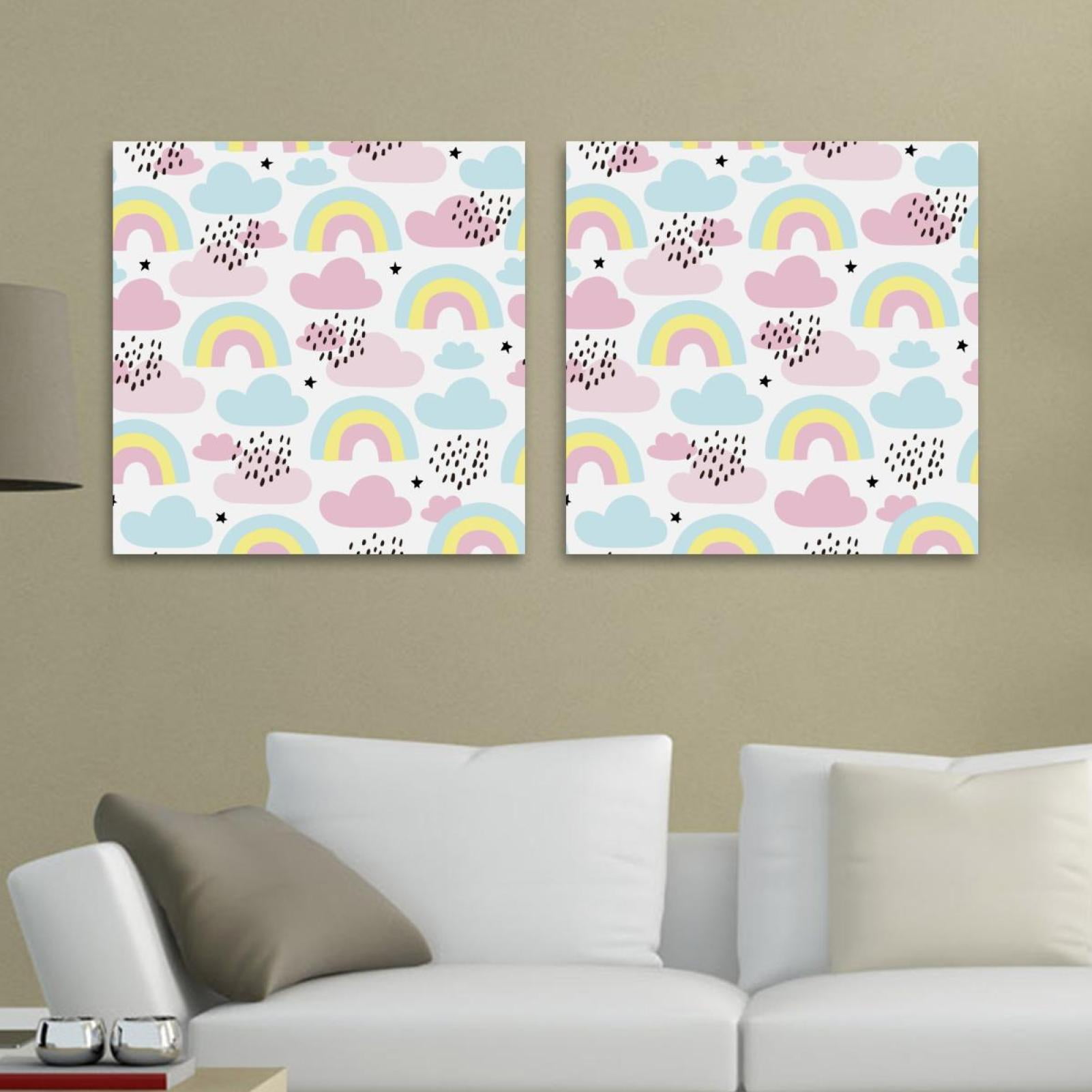 OWNSERIES Cartoon Pink Blue Rainbow Cloud Rainy Pattern 2PC Canvas Wall ...