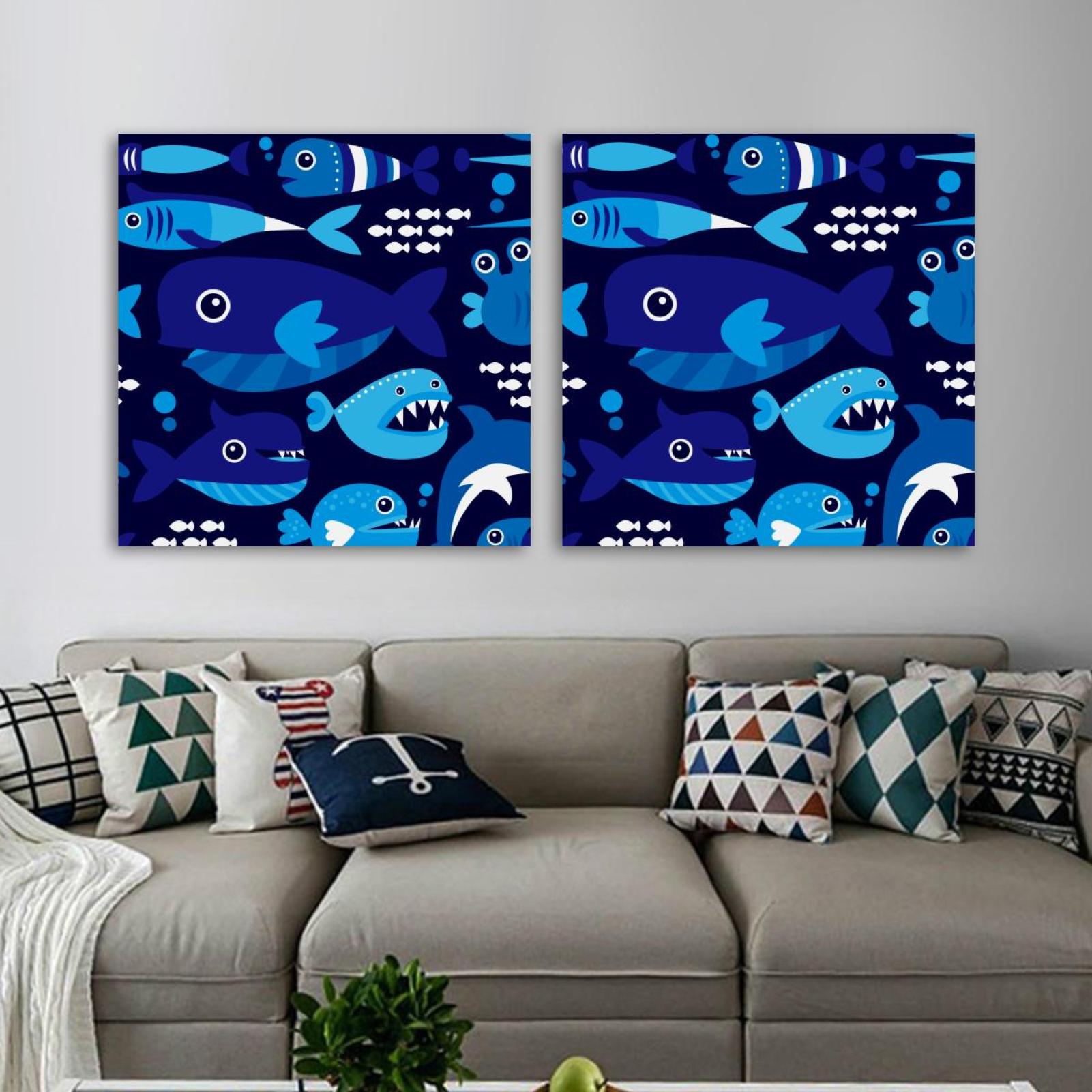 OWNSERIES Cartoon Sea Sharks Pattern Blue Pattern 2PC Canvas Wall Art ...