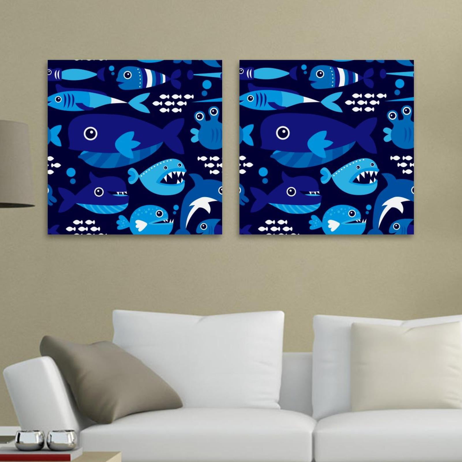 OWNSERIES Cartoon Sea Sharks Pattern Blue Pattern 2PC Canvas Wall Art ...