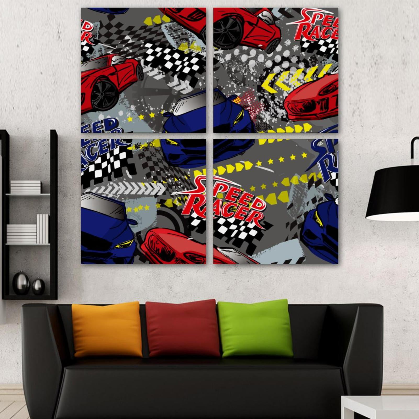 OWNSERIES Cartoon Speed Racer Car Pattern 4PC Frameless Canvas Wall Art ...