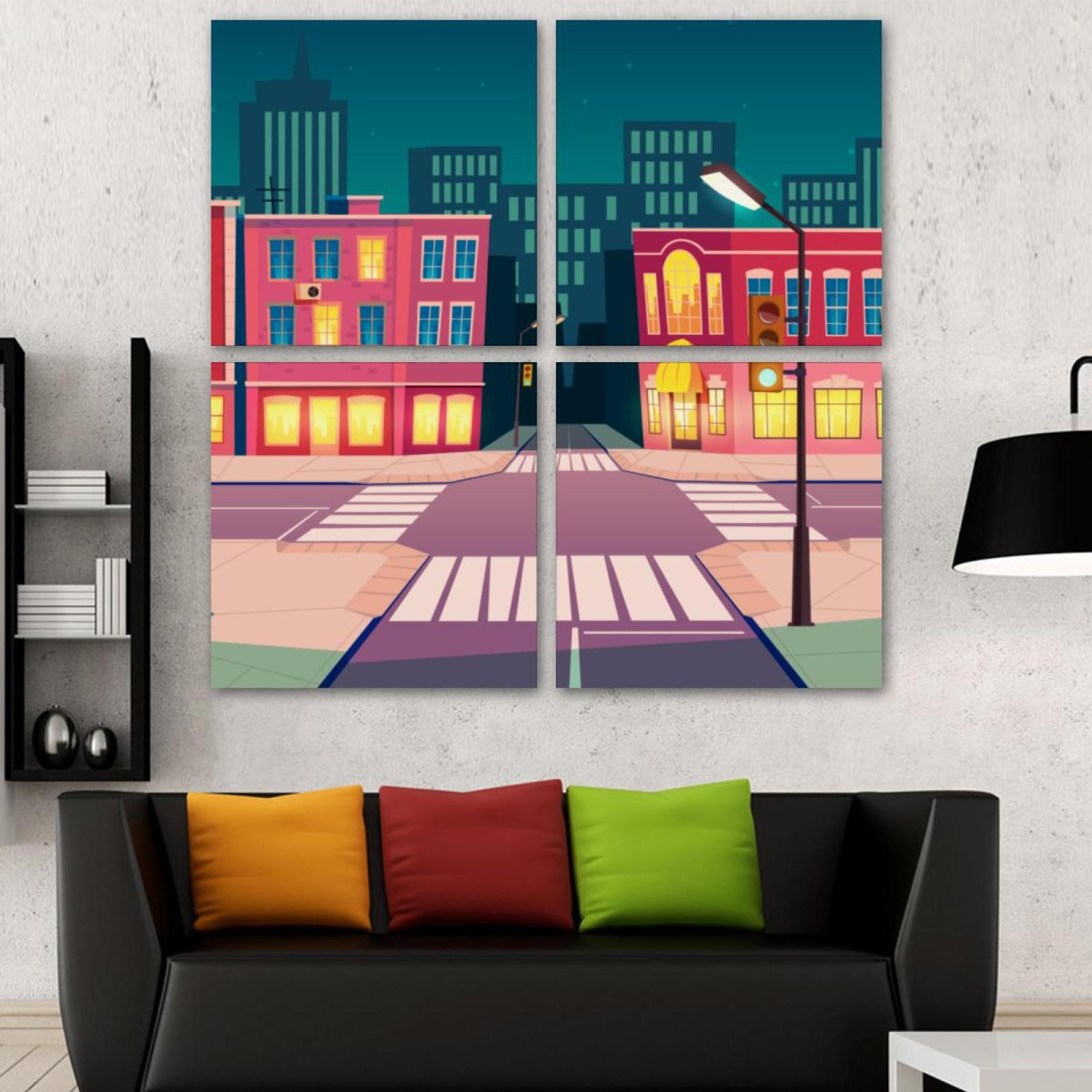 OWNSERIES Cartoon Summer Night City Pattern 4PC Frameless Canvas Wall ...