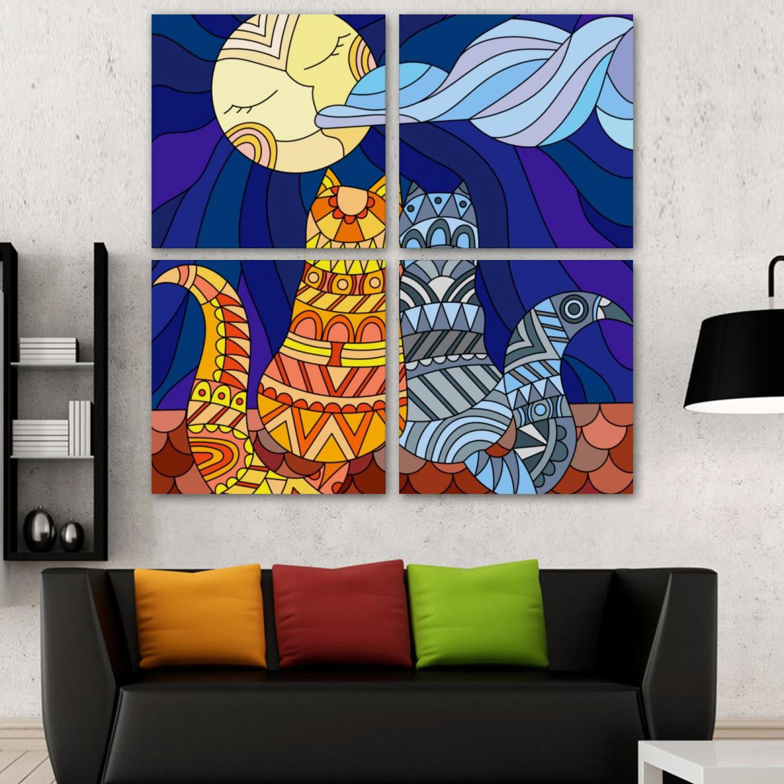 OWNSERIES Cats Stained Glass Pattern 4PC Frameless Canvas Wall Art ...