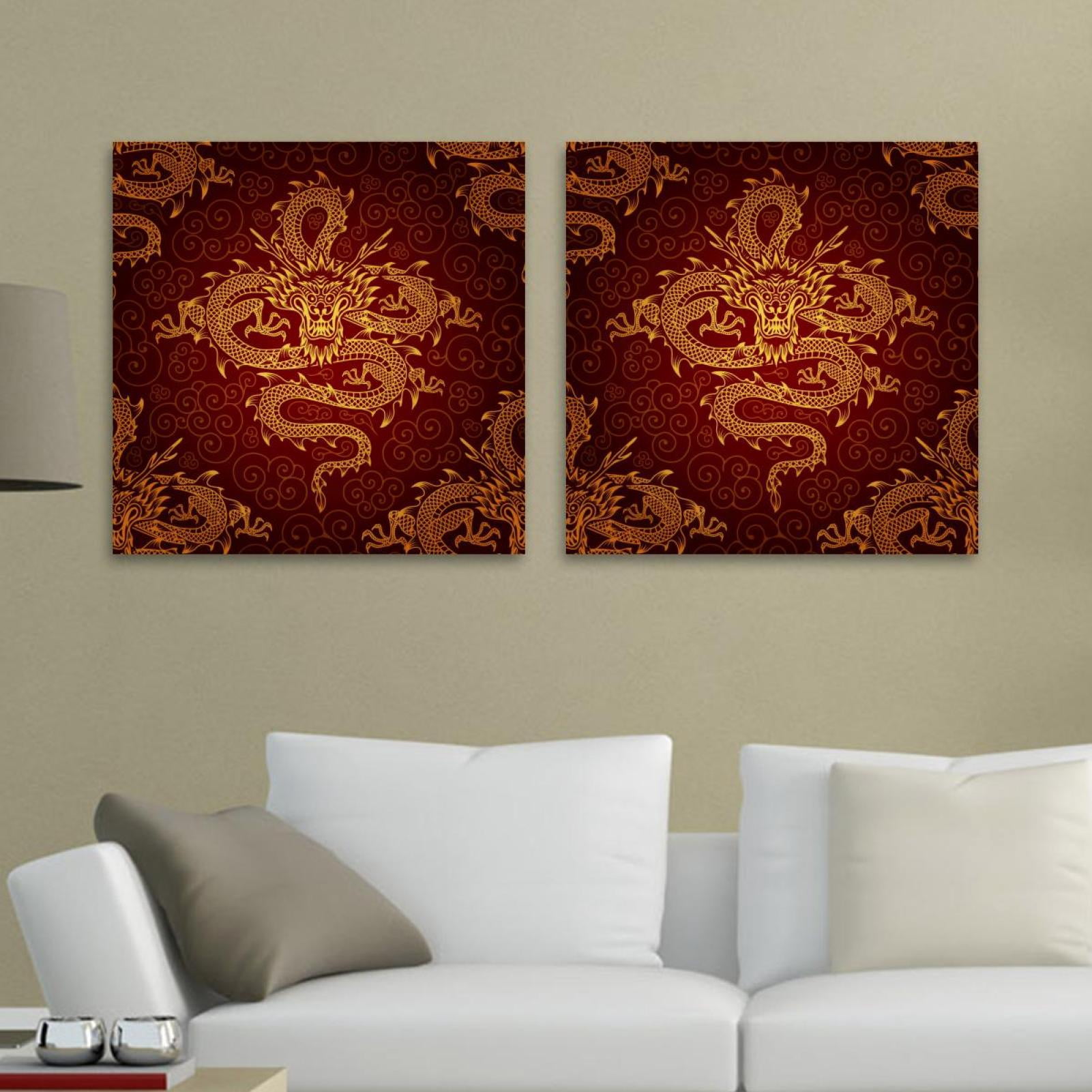 OWNSERIES Chinese Gold Dragon Red Classic Pattern 2PC Canvas Wall Art ...