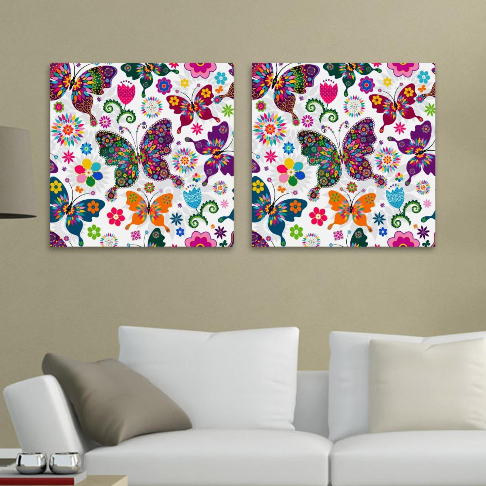 OWNSERIES Colorful Butterfly and Flower Pattern 2PC Canvas Wall Art ...