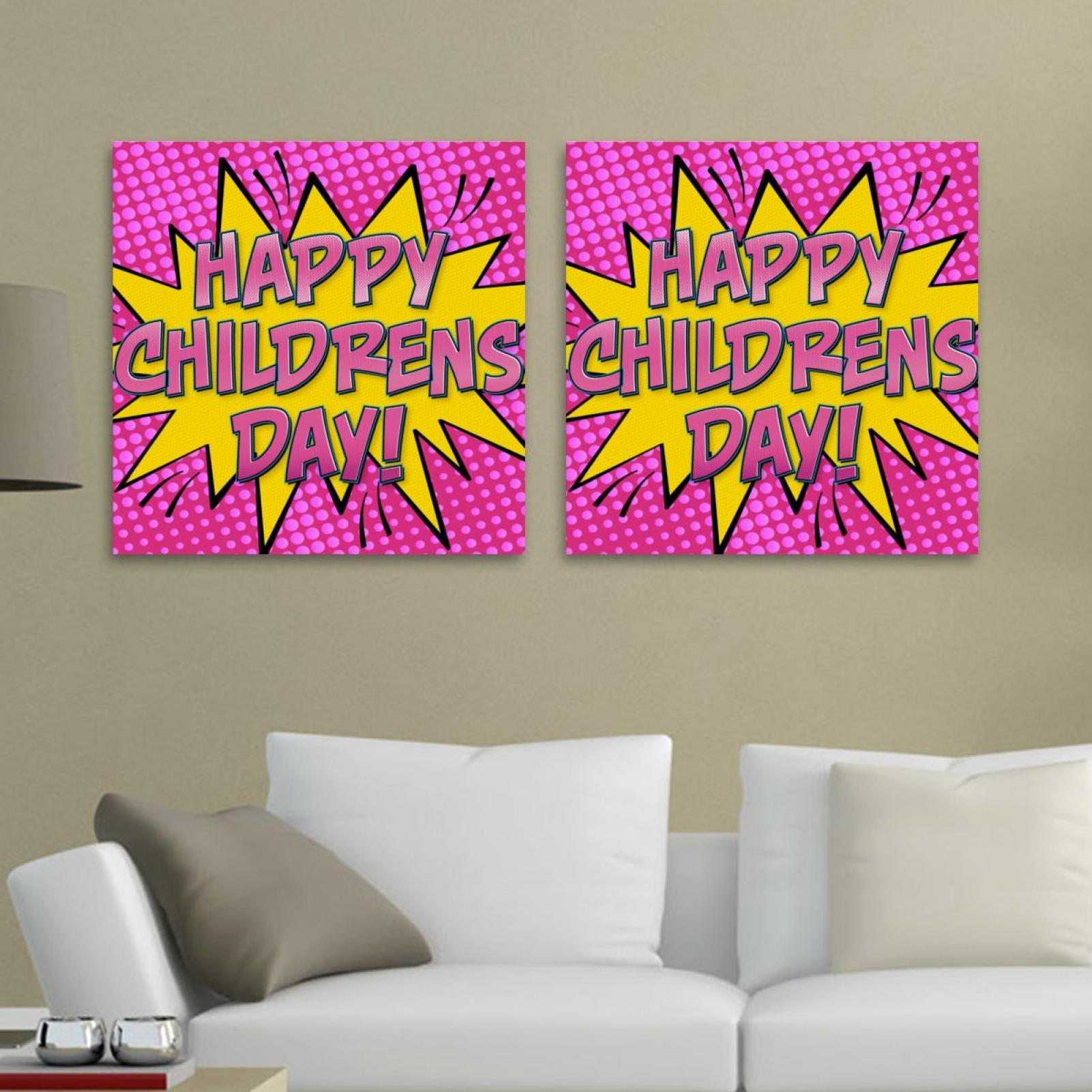 OWNSERIES Comic Style Childrens Day Pink Background Pattern 2PC Canvas ...