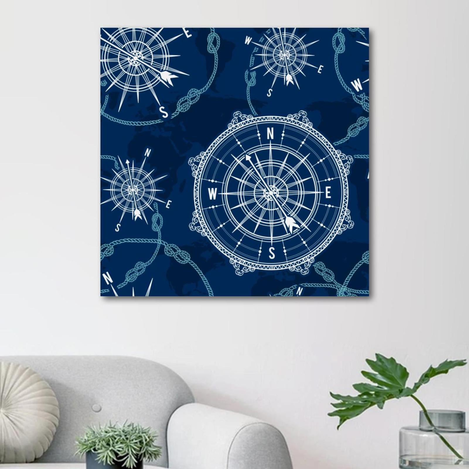 OWNSERIES Compass Blue Nautical Map Background Pattern Canvas Wall Art ...