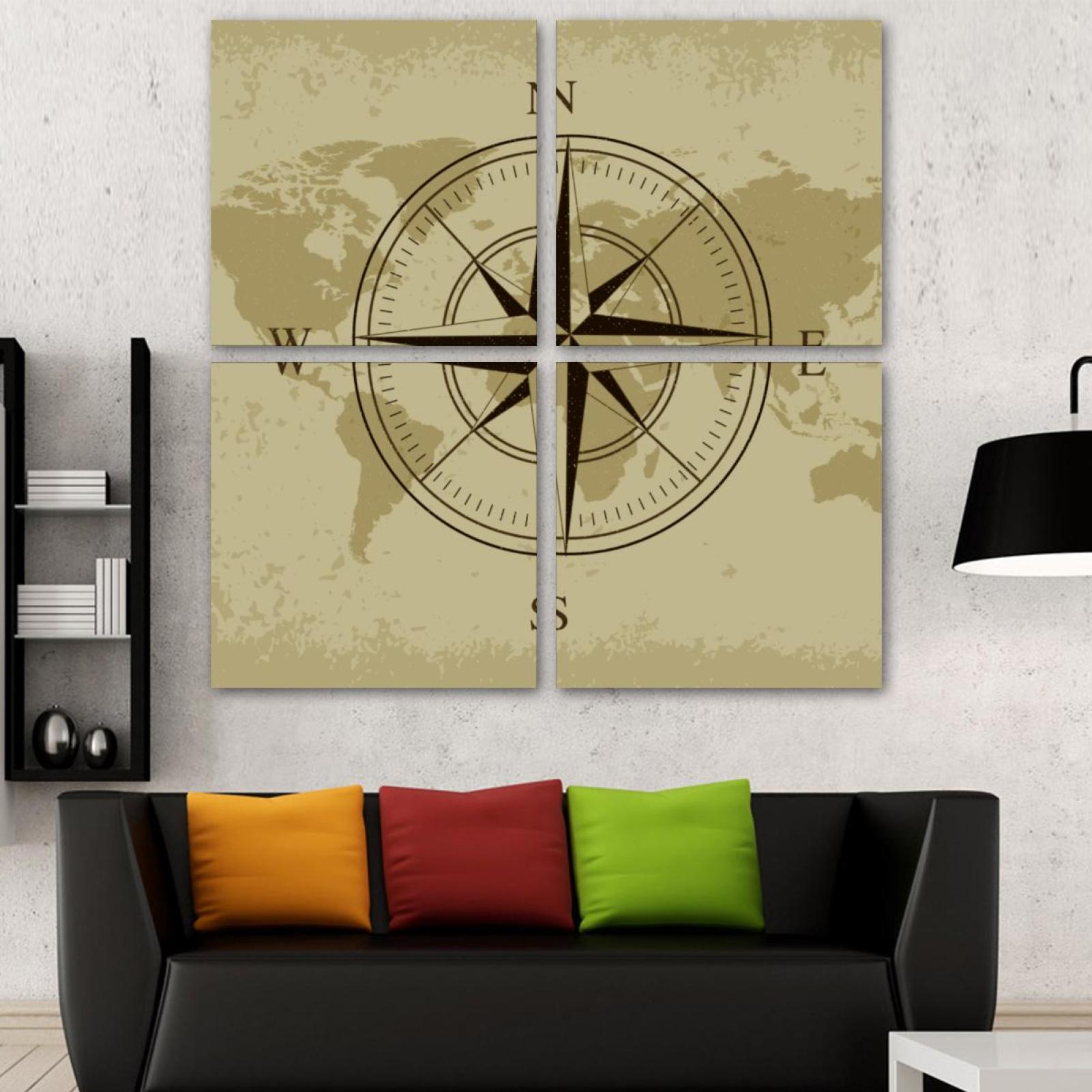 OWNSERIES Compass Nautical Map Pattern 4PC Frameless Canvas Wall Art ...