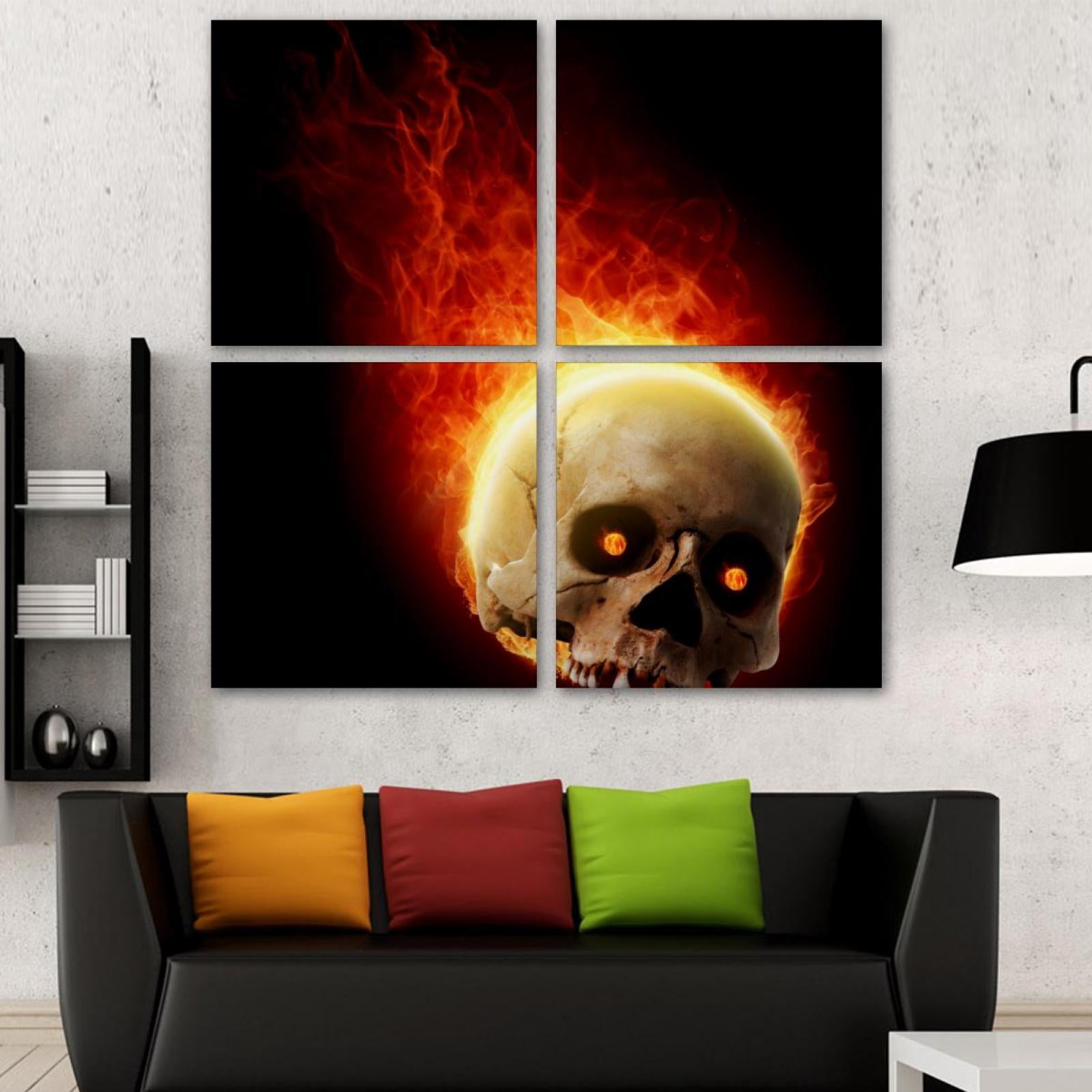 OWNSERIES Cool Fire Skull Design Pattern 4PC Frameless Canvas Wall Art ...