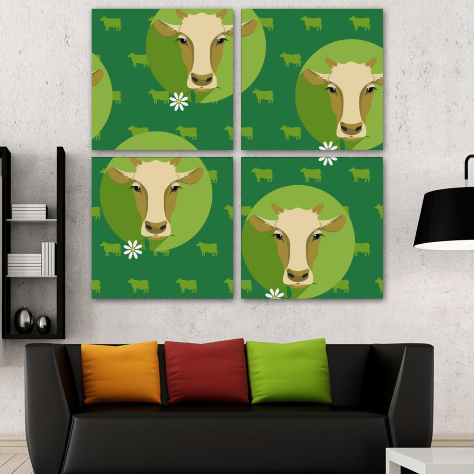 OWNSERIES Cow Design Green Style Pattern 4PC Frameless Canvas Wall Art ...