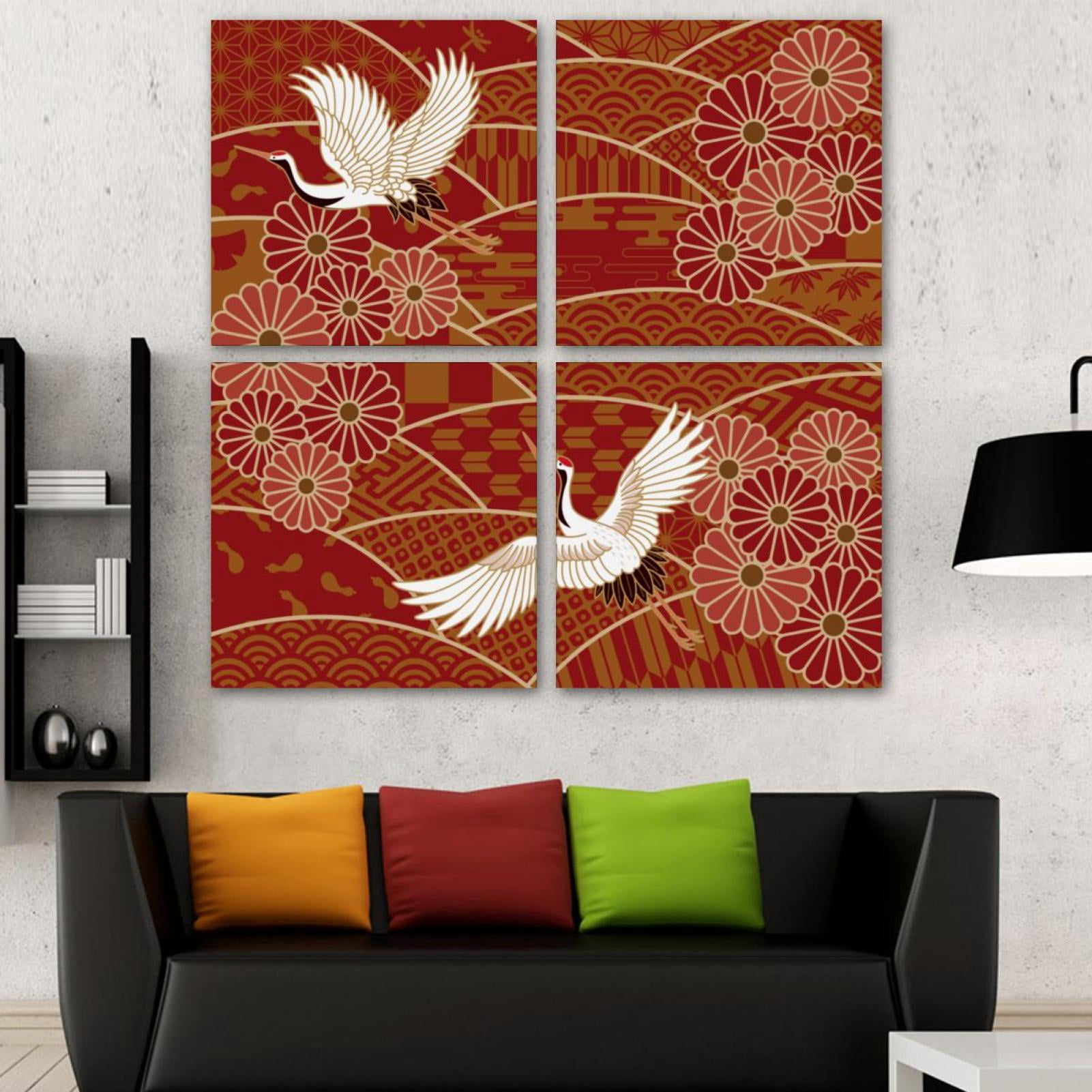OWNSERIES Cranes Chrysanthemums Japanese Traditional Red Pattern 4PC ...