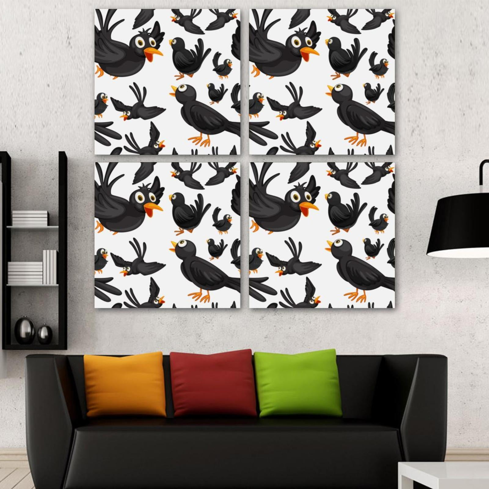 OWNSERIES Crows Flying on White Background Pattern 4PC Frameless Canvas ...