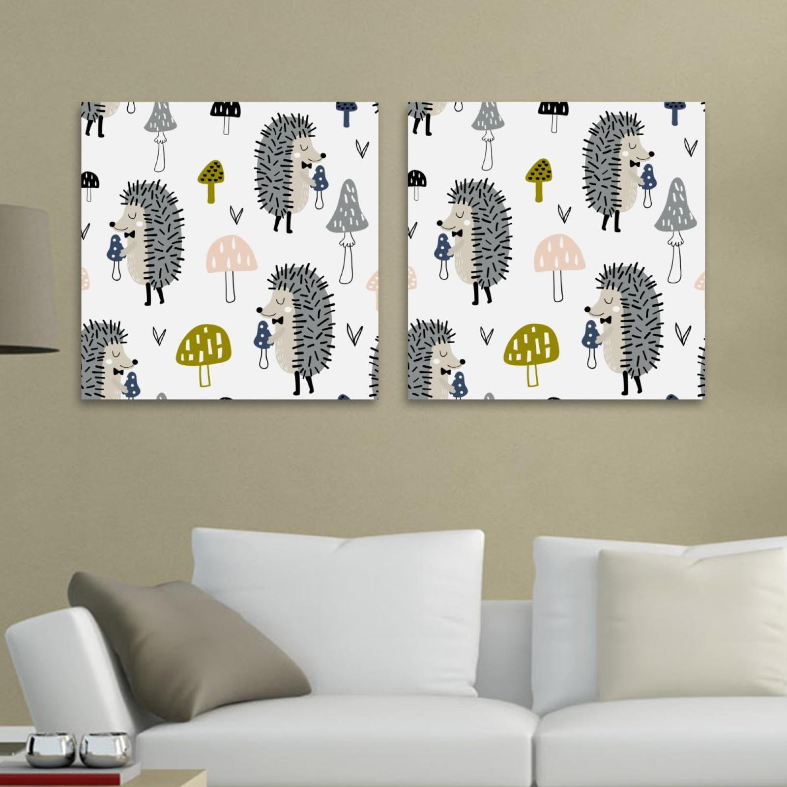 OWNSERIES Cute Cartoon Animal Hedgehog Mushroom Pattern 2PC Canvas Wall Art Paintings for Living ...