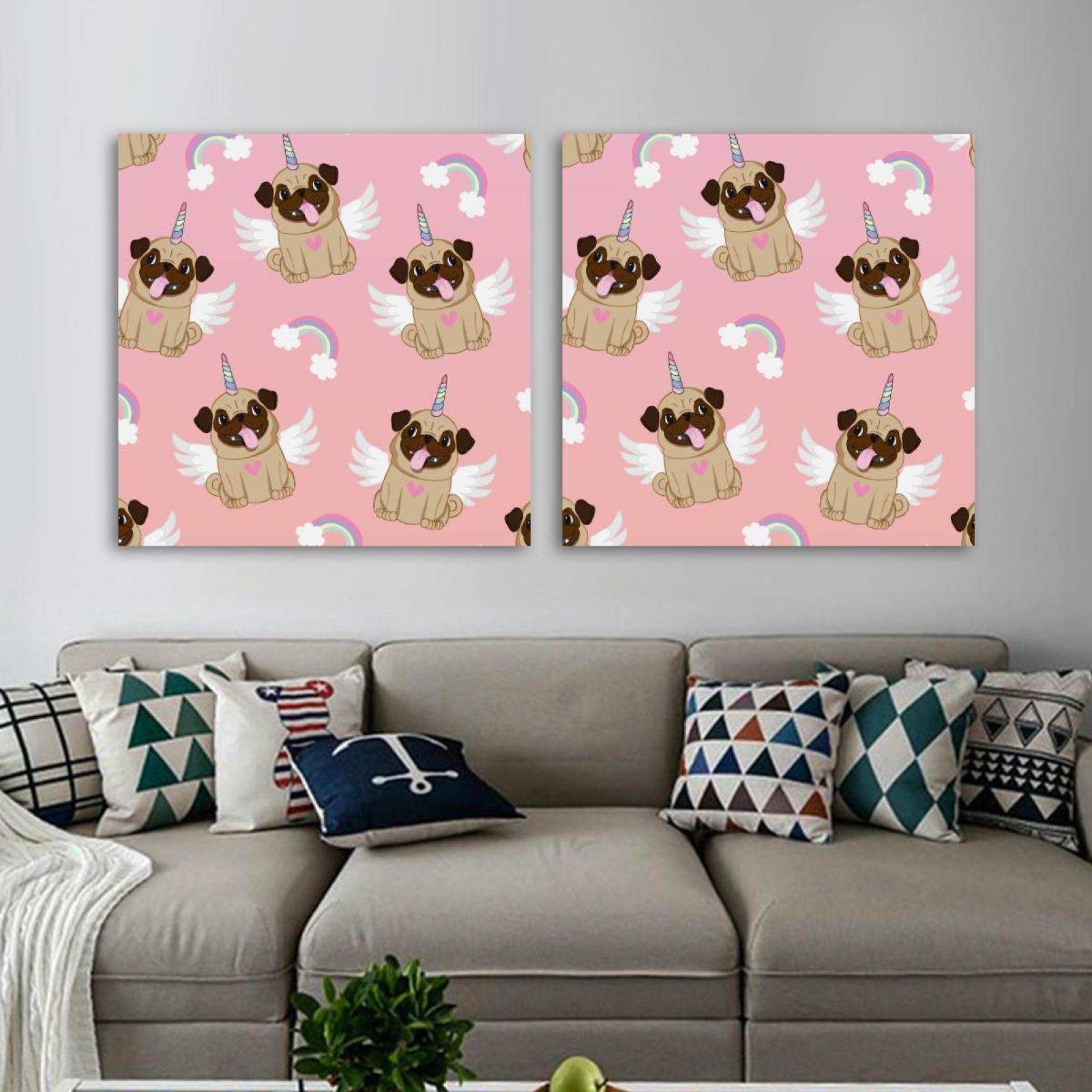 OWNSERIES Cute Cartoon Pug Unicorn Wing Pattern 2PC Canvas Wall Art ...