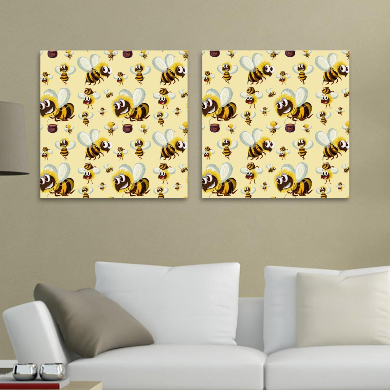OWNSERIES Cute Cartoon Yellow Bumble Bee Pattern 2PC Canvas Wall Art Paintings for Living Room ...
