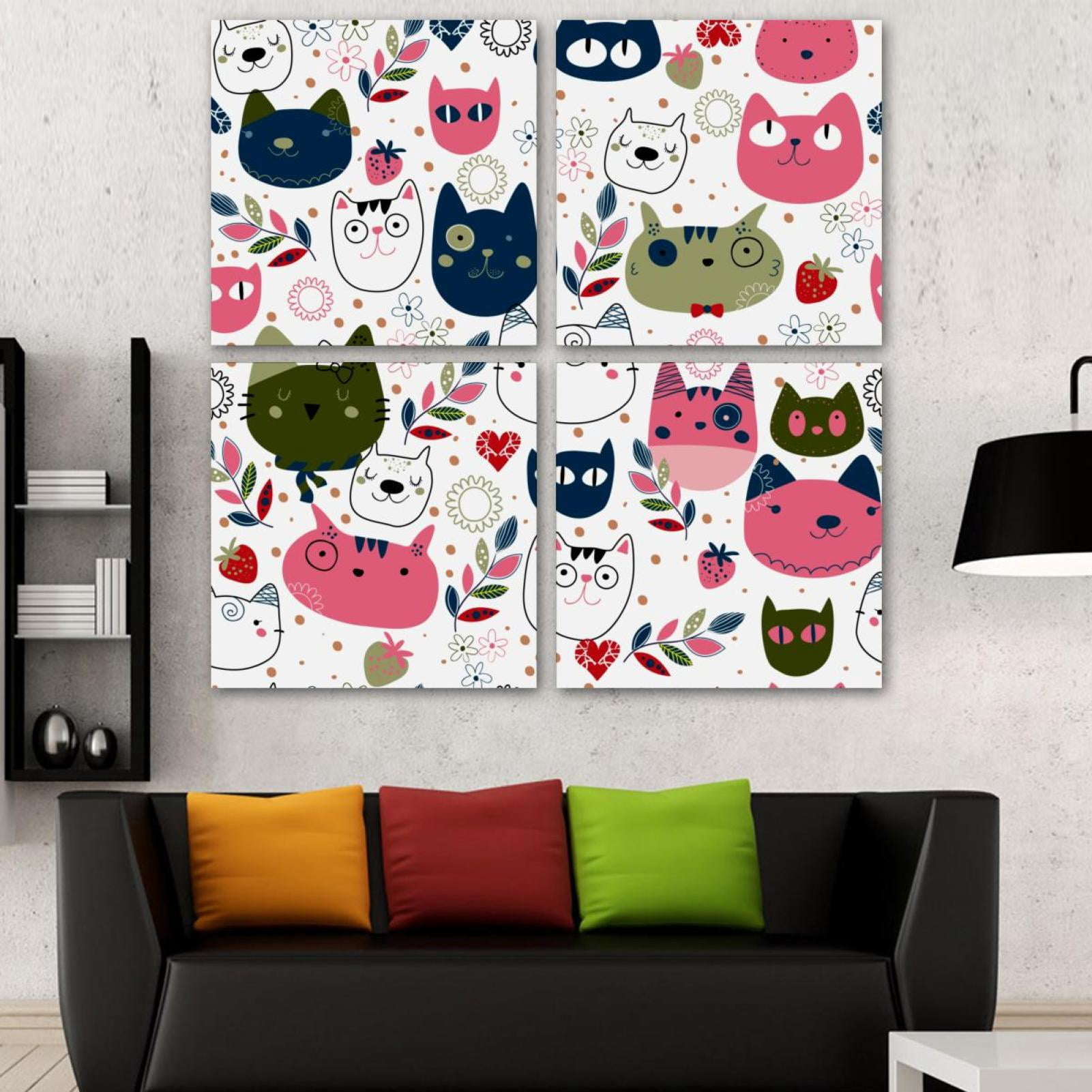 OWNSERIES Cute Cat Heads Pattern 4PC Frameless Canvas Wall Art ...