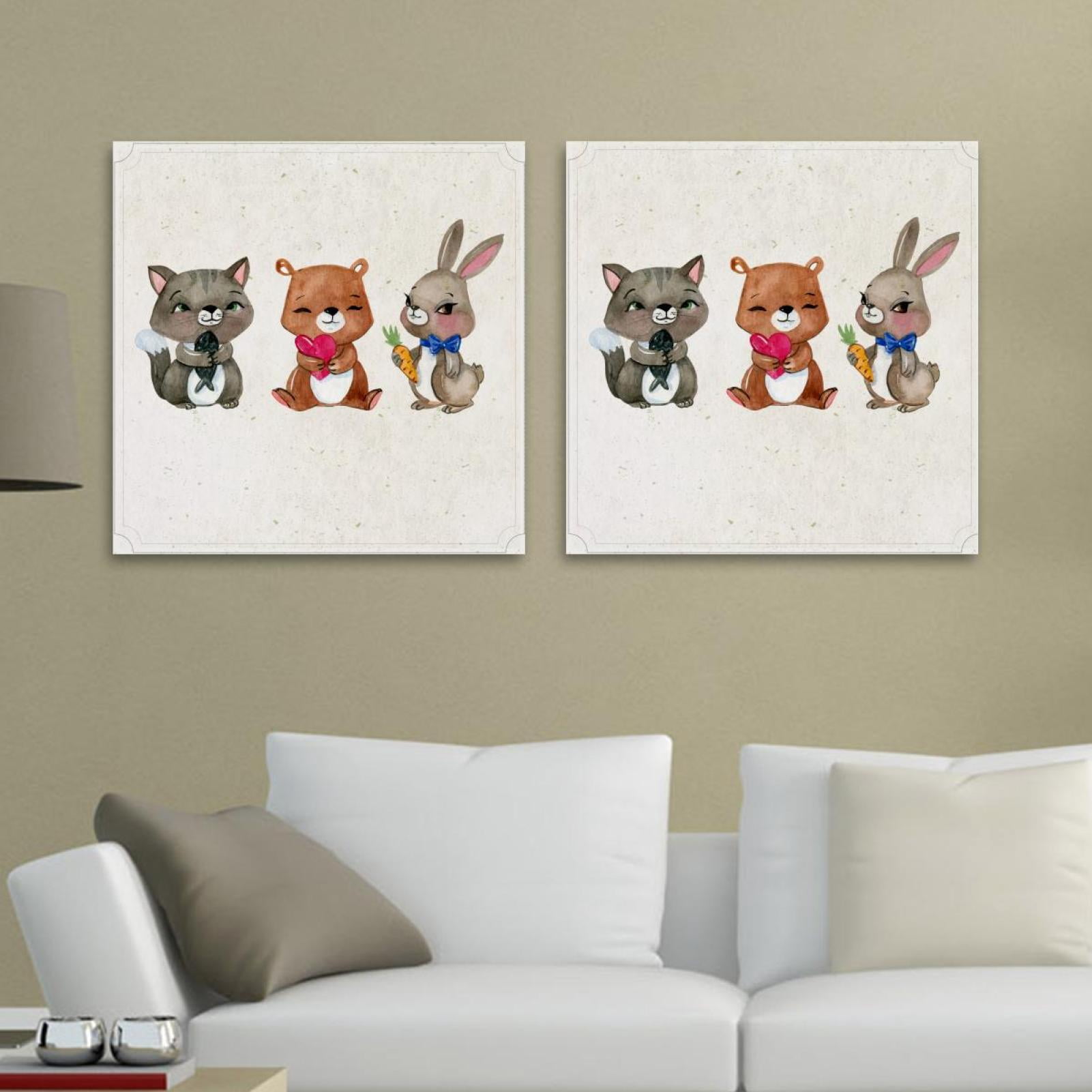 OWNSERIES Cute Hand Drawn Animals Pattern 2PC Canvas Wall Art Paintings ...