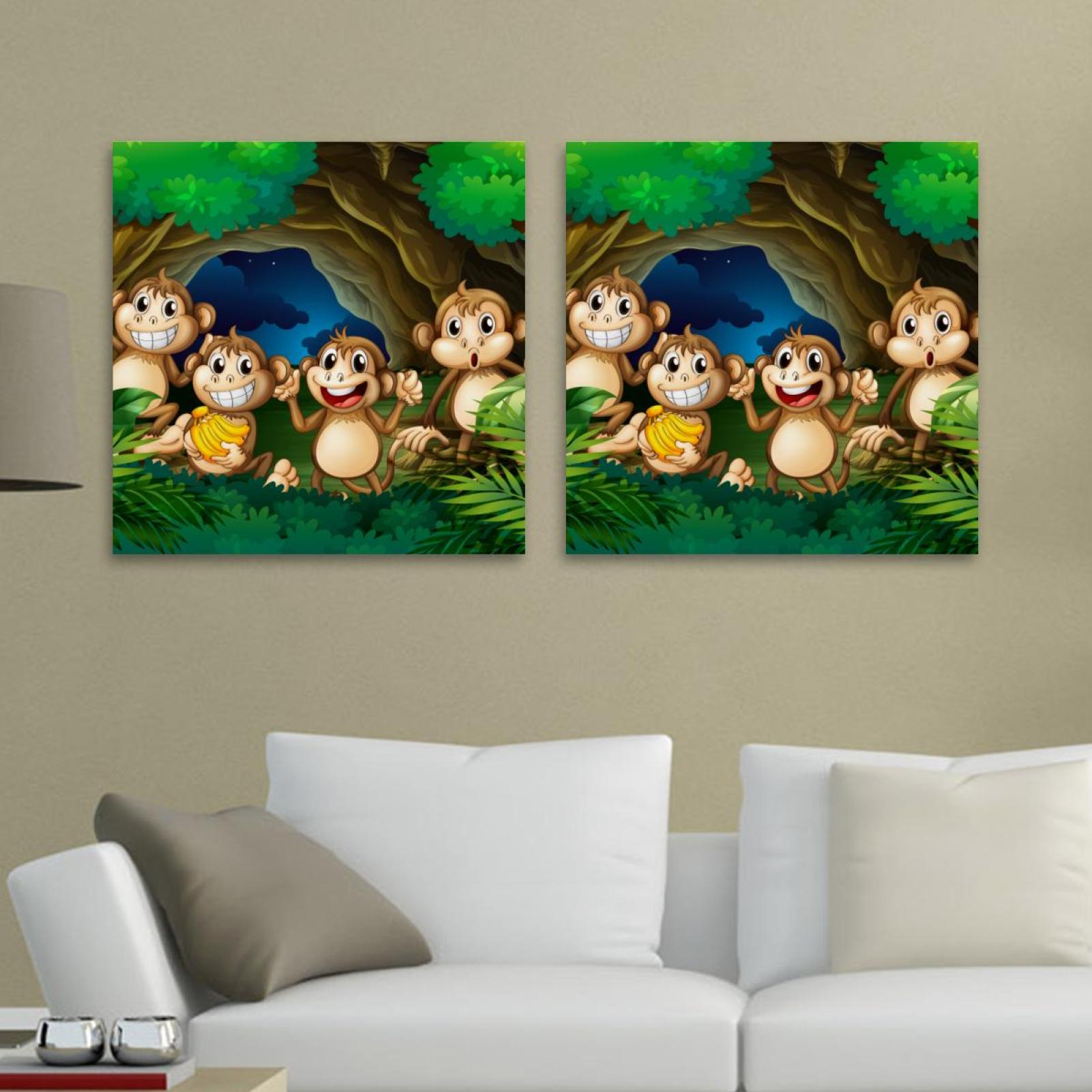 OWNSERIES Cute Happy Monkeys in Deep Forest Pattern 2PC Canvas Wall Art ...