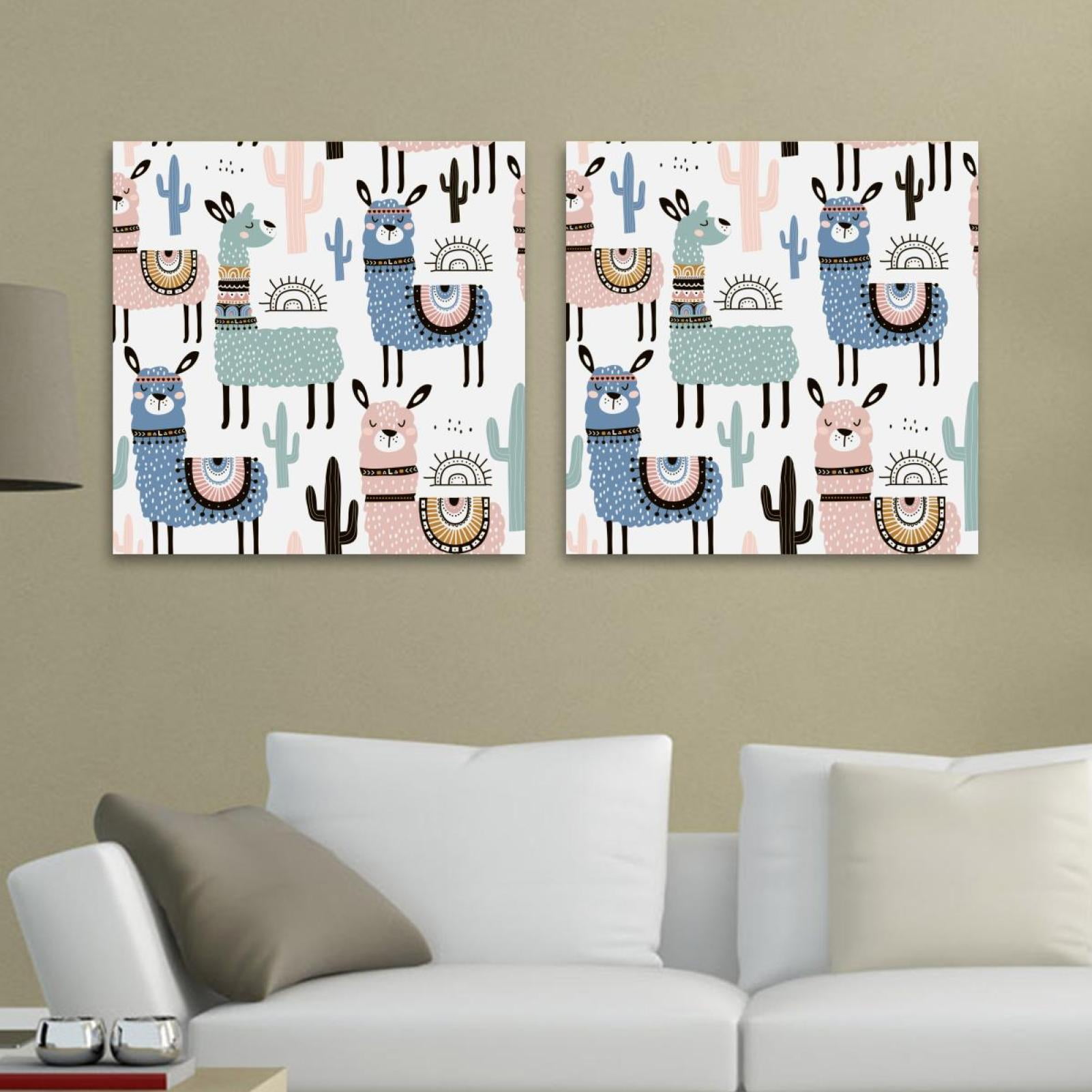 OWNSERIES Cute Llama Alpaca Cactus Pattern 2PC Canvas Wall Art ...