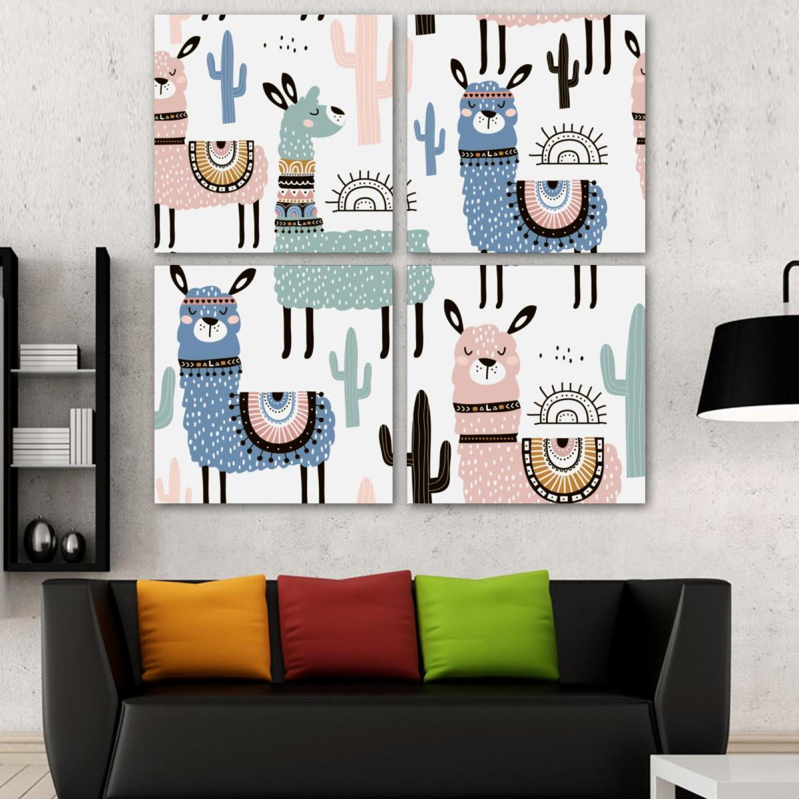 OWNSERIES Cute Llama Alpaca Cactus Pattern Pattern 4PC Frameless Canvas ...