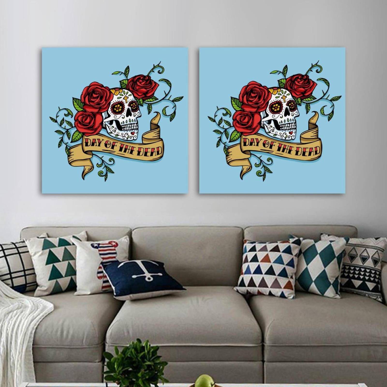 OWNSERIES Day of the Dead Skull Rose Blue Pattern 2PC Canvas Wall Art ...