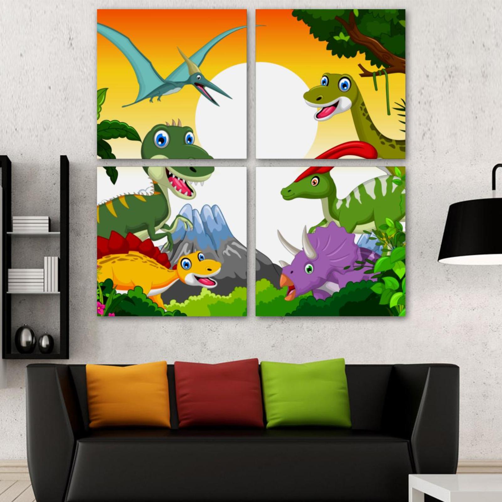 OWNSERIES Dinosaur Animal Selfie Pattern 4PC Frameless Canvas Wall Art Paintings for Living Room ...