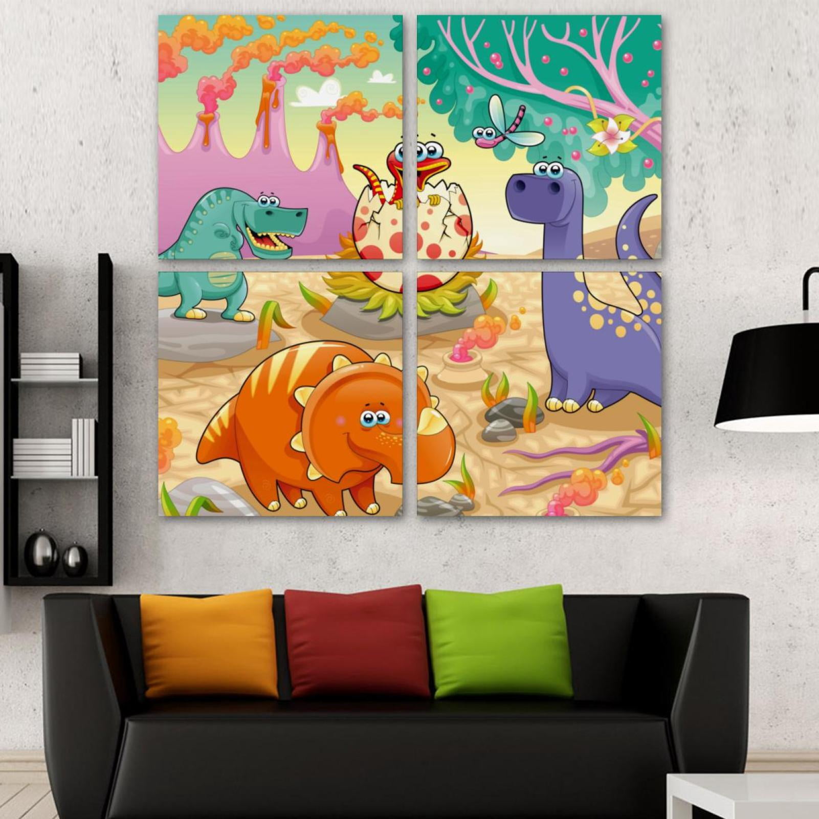 OWNSERIES Dinosaur Cartoon Pattern 4PC Frameless Canvas Wall Art Paintings for Living Room ...