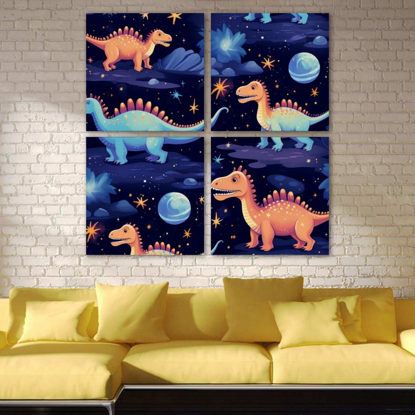 OWNSERIES Dinosaurs under the Stars Pattern 4PC Frameless Canvas Wall Art Paintings for Living ...