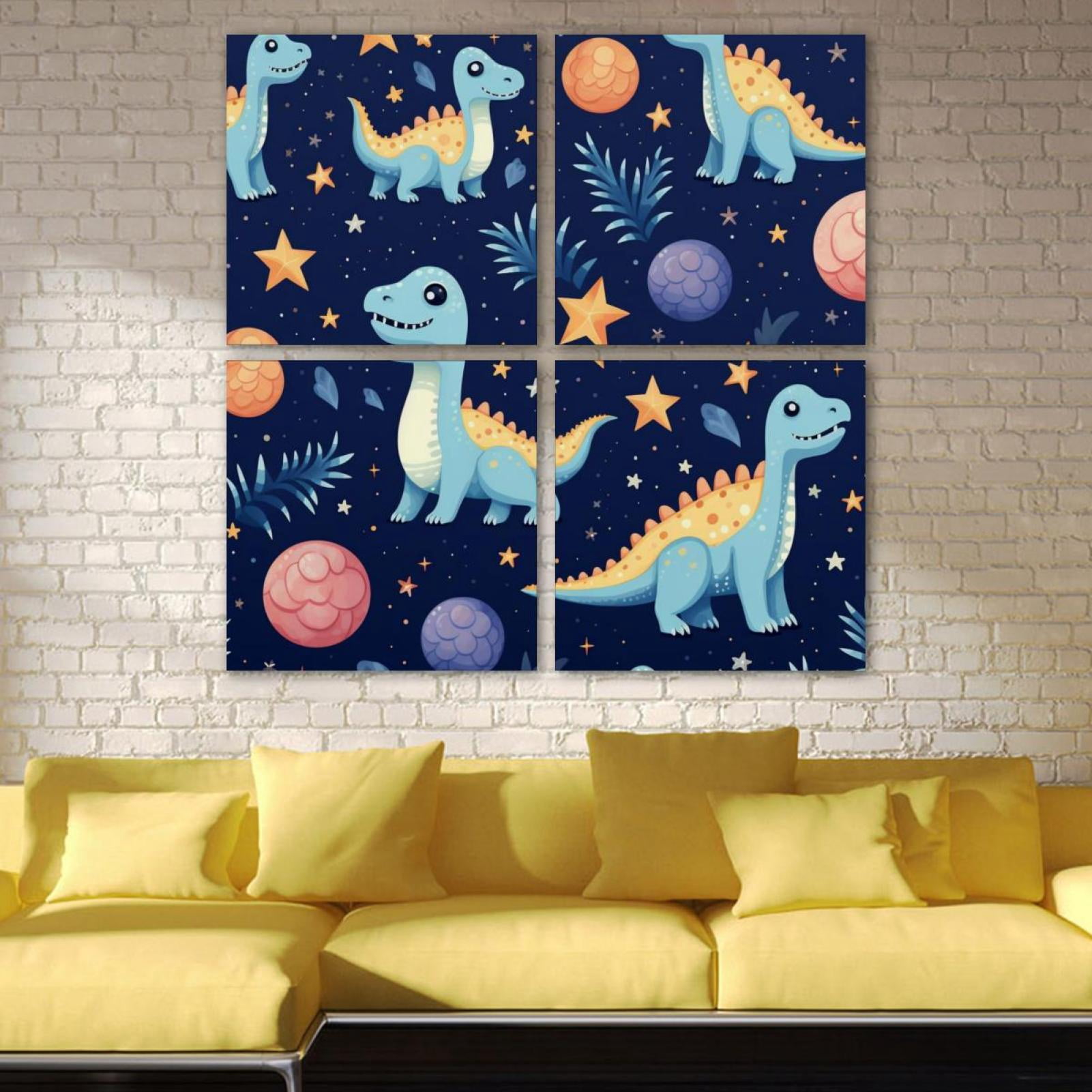OWNSERIES Dinosaurs under the Stars Pattern 4PC Frameless Canvas Wall Art Paintings for Living ...