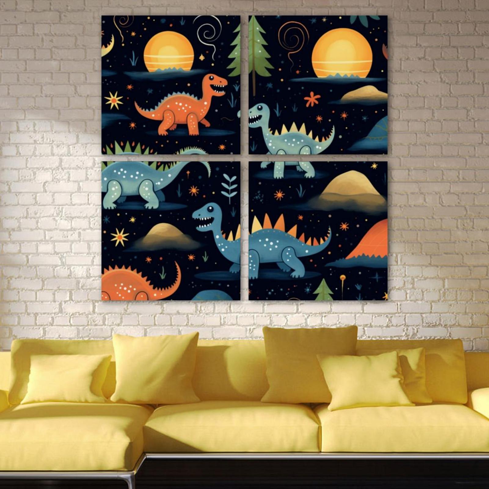 OWNSERIES Dinosaurs under the Stars Pattern 4PC Frameless Canvas Wall Art Paintings for Living ...