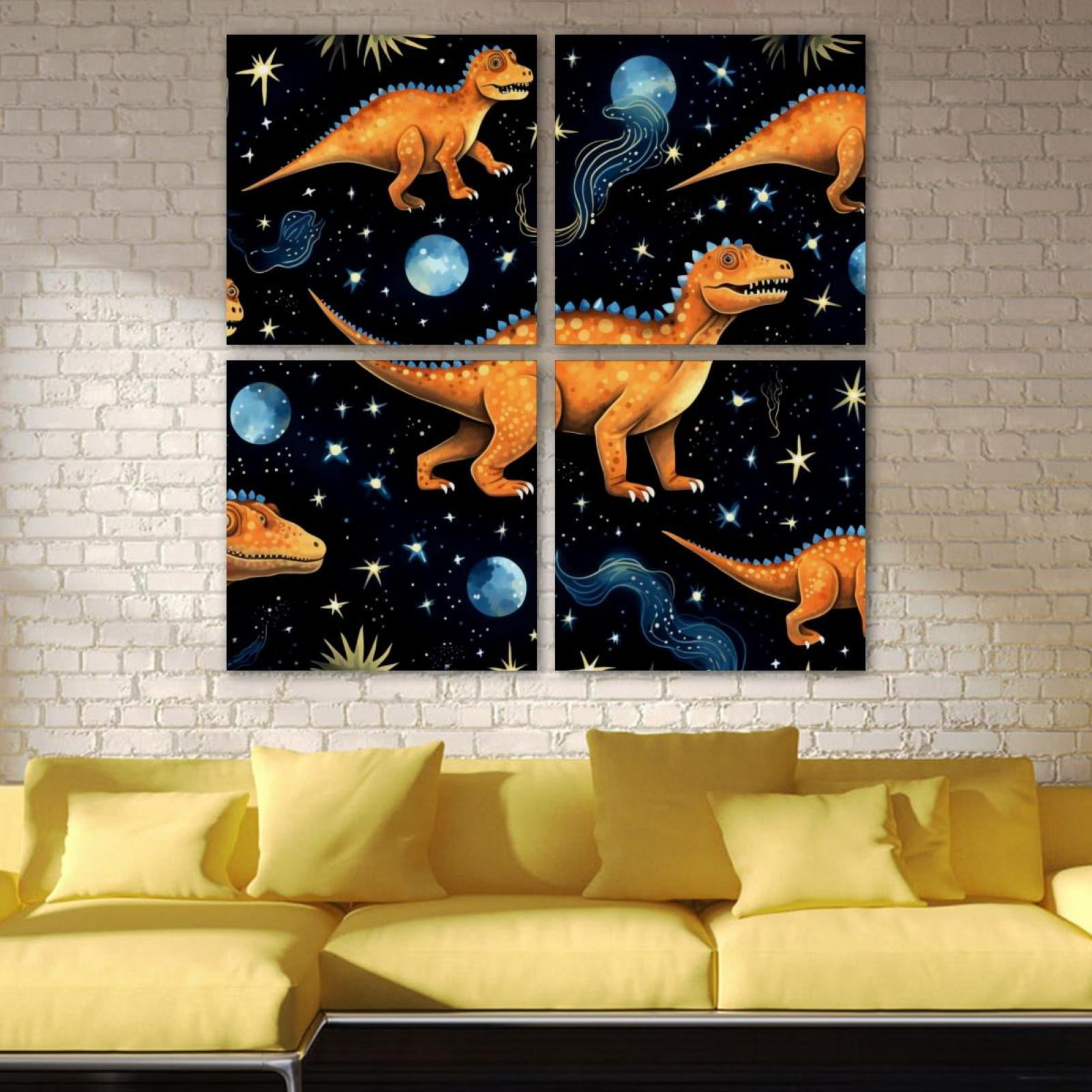 OWNSERIES Dinosaurs under the Stars Pattern 4PC Frameless Canvas Wall Art Paintings for Living ...