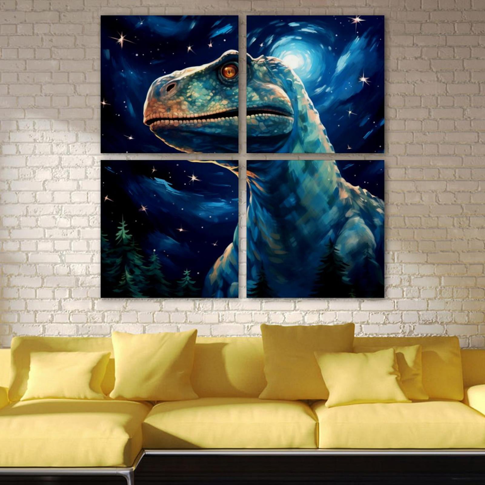 OWNSERIES Dinosaurs under the Stars Pattern 4PC Frameless Canvas Wall Art Paintings for Living ...