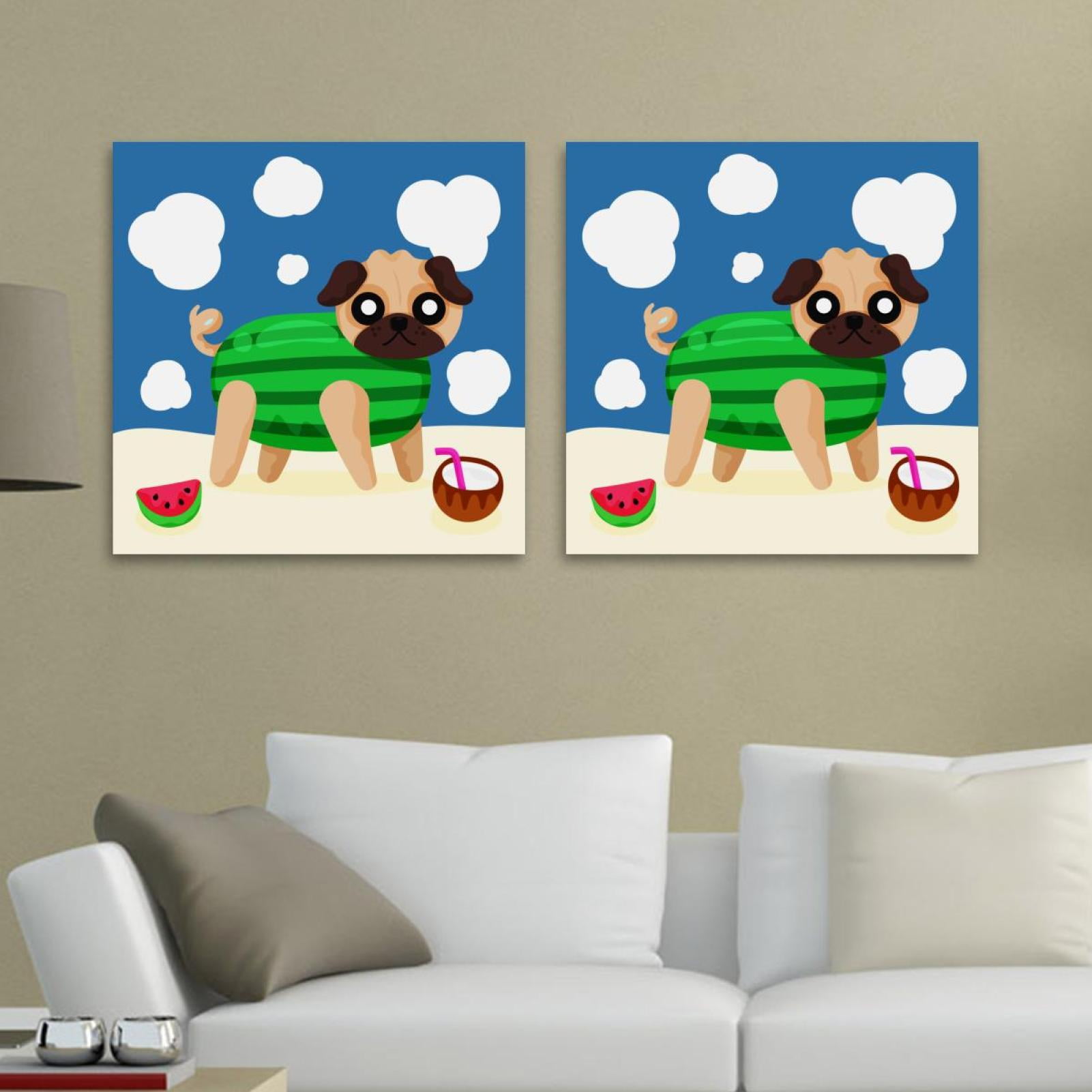 OWNSERIES Dog Pug Blue Pattern 2PC Canvas Wall Art Paintings for Living ...