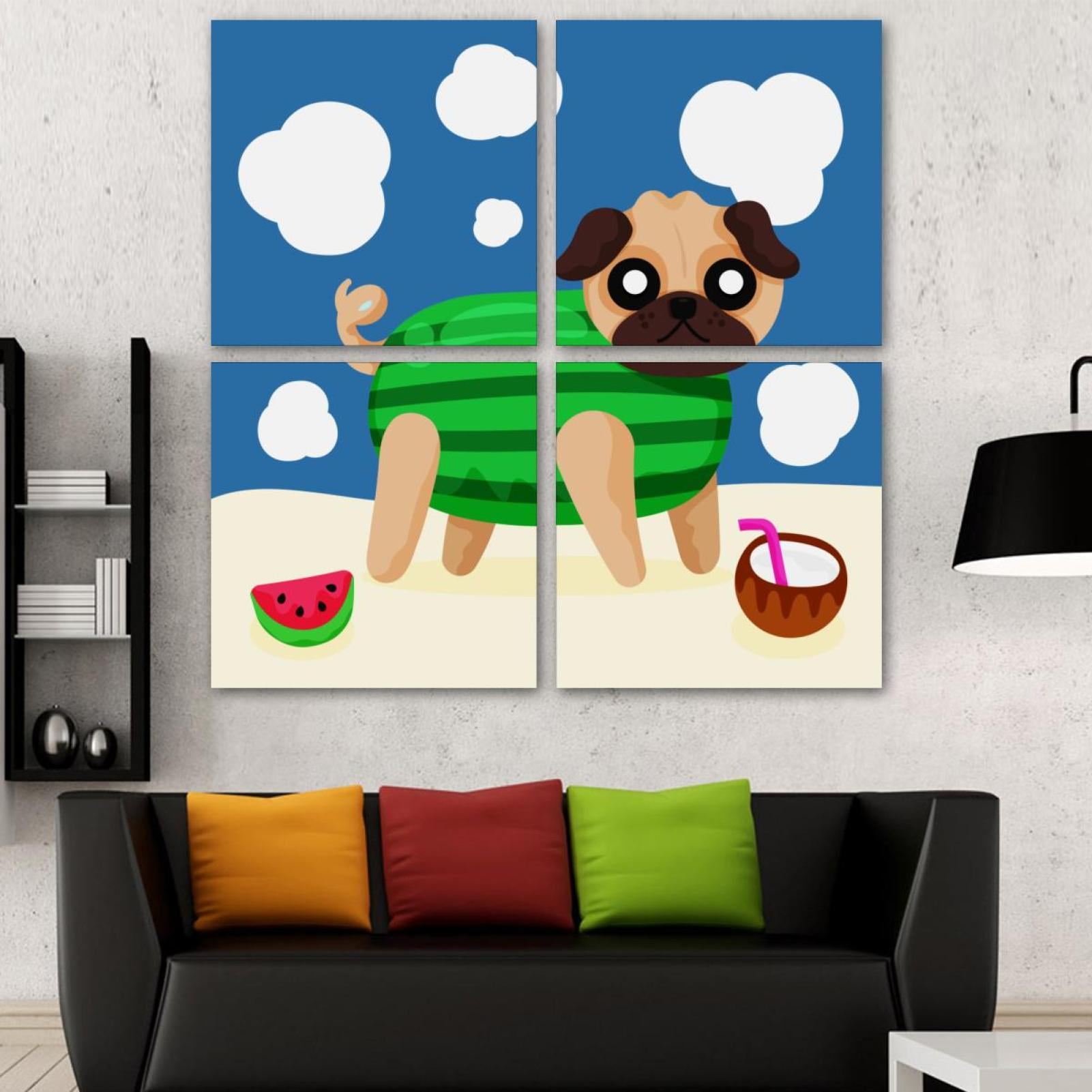 OWNSERIES Dog Pug Blue Pattern 4PC Frameless Canvas Wall Art Paintings ...