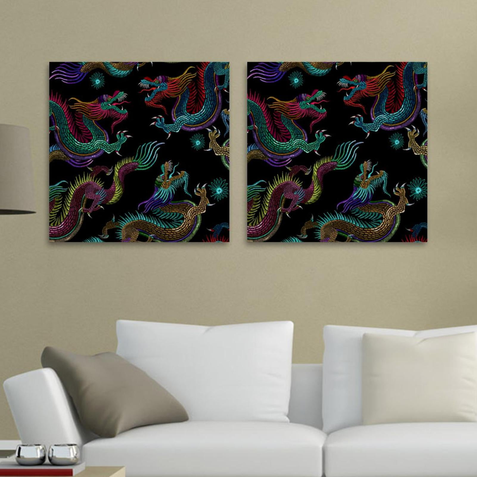 OWNSERIES Embroidery Traditional Chinese Dragon Pattern 2PC Canvas Wall ...